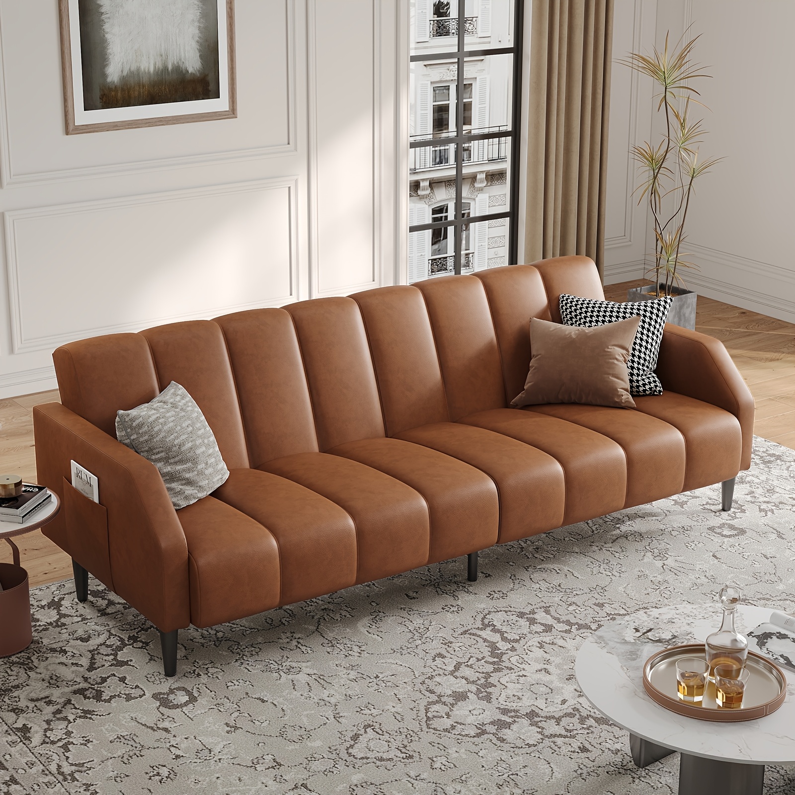 Leather Futon Sofa Bed Couch Piano 78 Queen Futon Set Adjustable Backrest Modern Decor Love Seat Couches Sleeper Sofa R