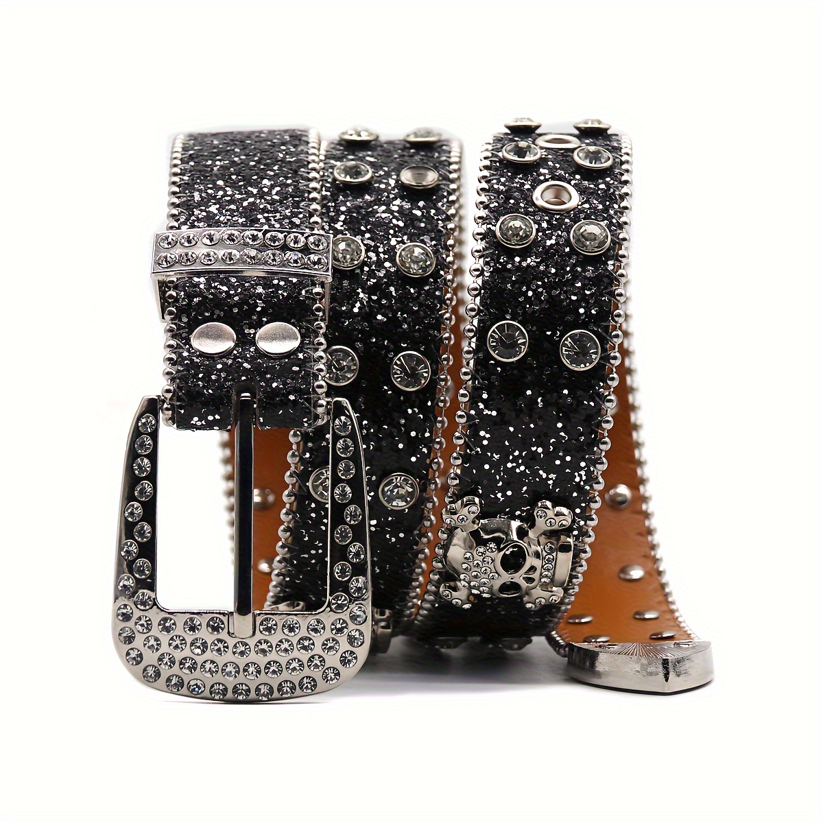 Skull Rivet Sparkling Y2k Belt Trendy Rhinestone Glitter Pu - Temu United