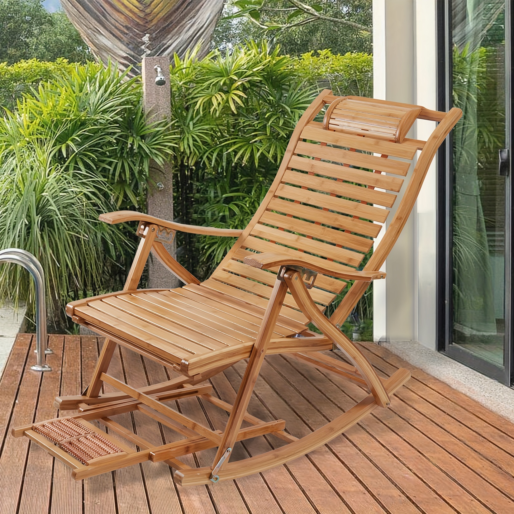 Bamboo Folding Rocking Chair Recliner Chair with Massage Backrest Armrest for Outdoor Beach Camping Balcony Seating Booths Chairs