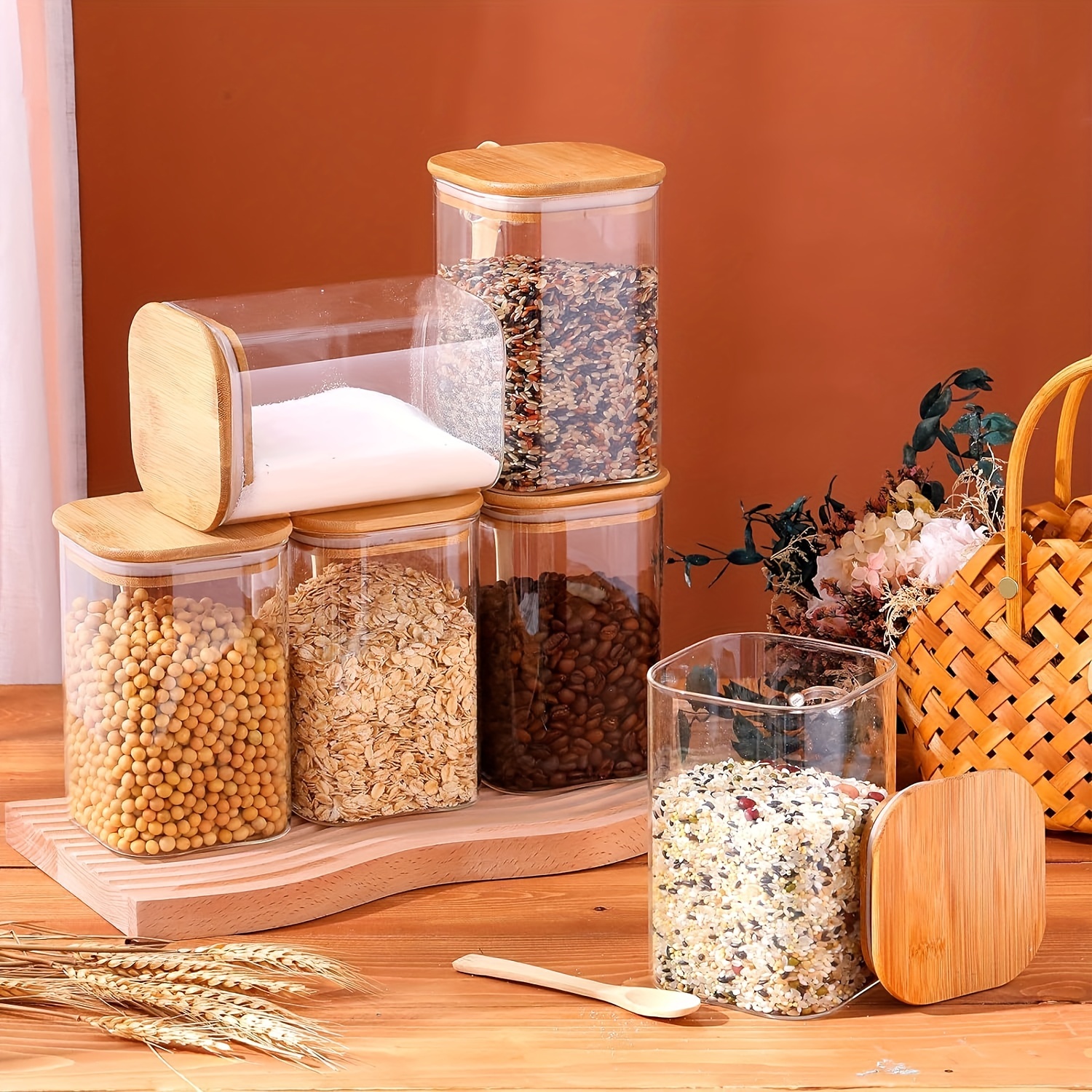 Airtight Glass Jars Bamboo Lid Spoon Multipurpose Food - Temu United ...