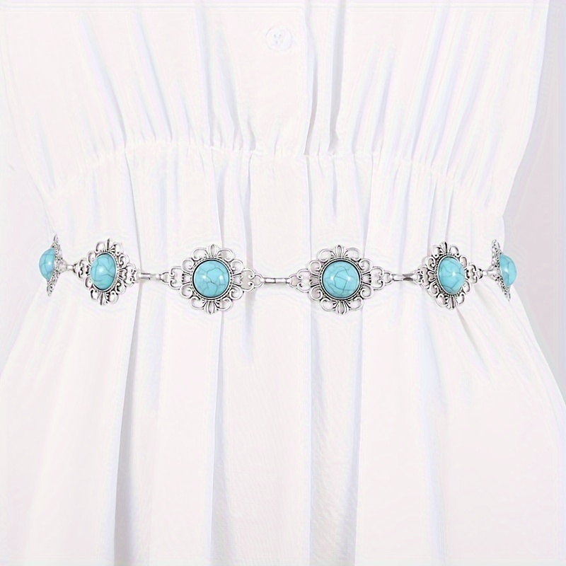 Boho Oval Turquoise Chain Belts Vintage Carved Metal Waist - Temu Australia