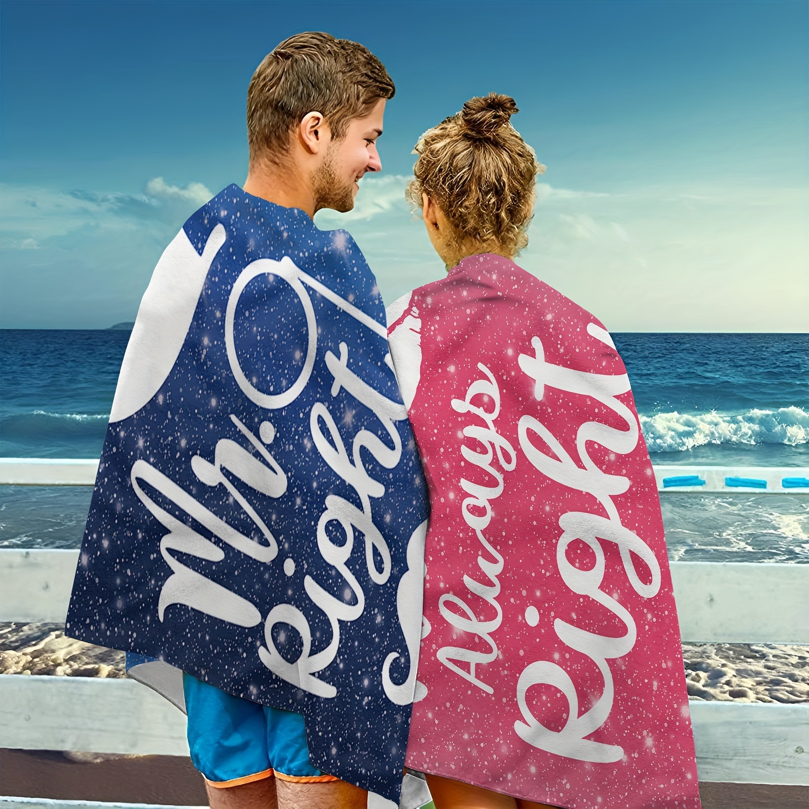 2pcs Mr Mrs Right Pattern Beach Towels Soft Comfortable Pool Towel Absorbent Swimming Blankets Gift Couples Lovers Beach Essentials