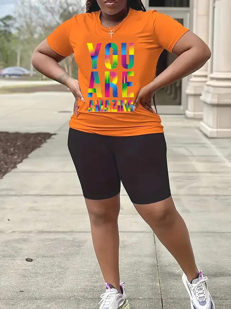 Plus Size Graphic Print Two Piece Short Sleeve T Shirt Temu Canada
