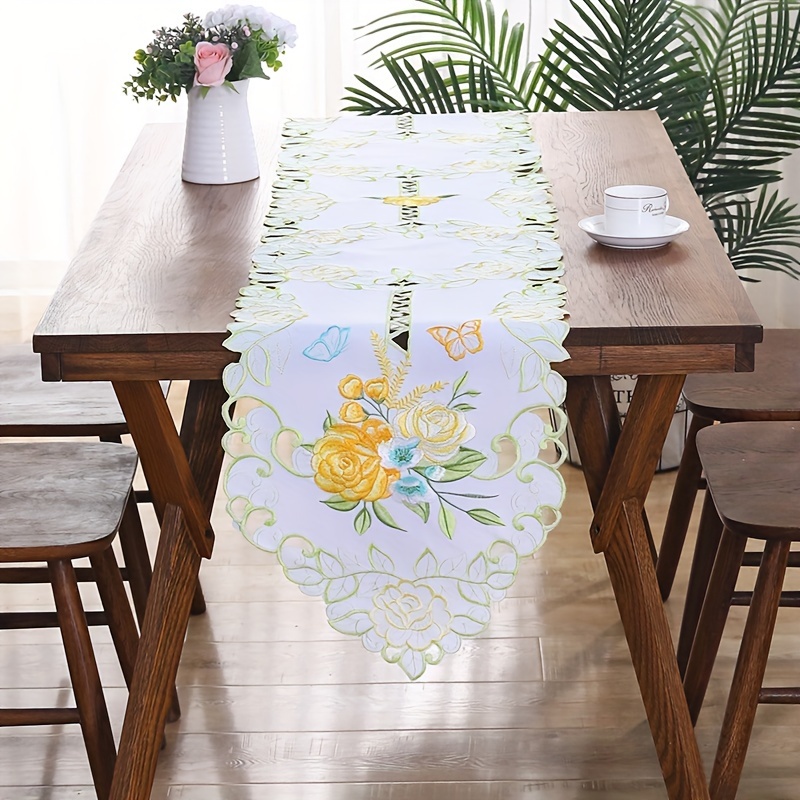 Polyester Table Runner Satin Blue Flower Embroidered Fabric - Temu Portugal