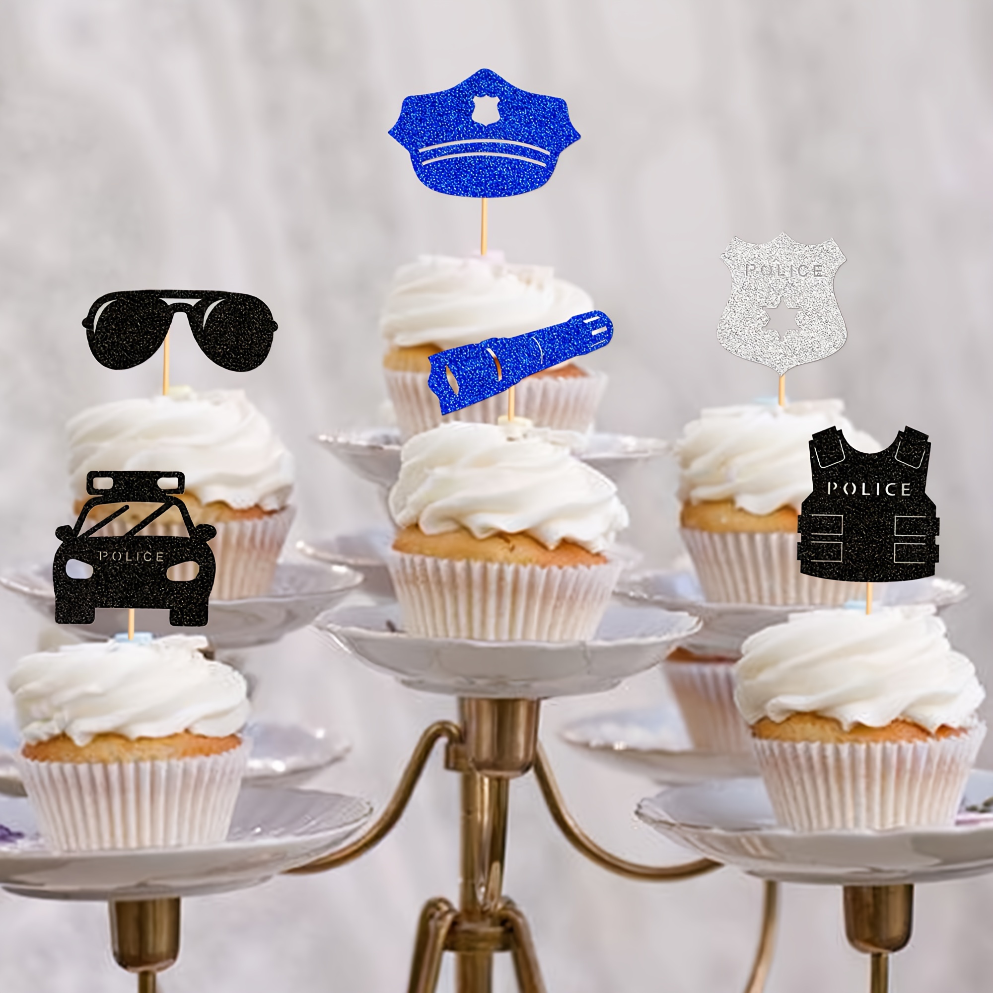 Police Theme Cupcake Toppers Glittery Police Badge Walkie - Temu