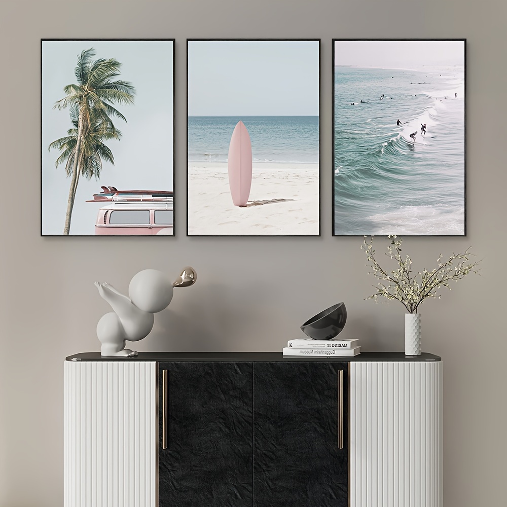 3pcs Modern Beach Canvas Wall Art - Frameless Palm Tree, Surfboard, And ...