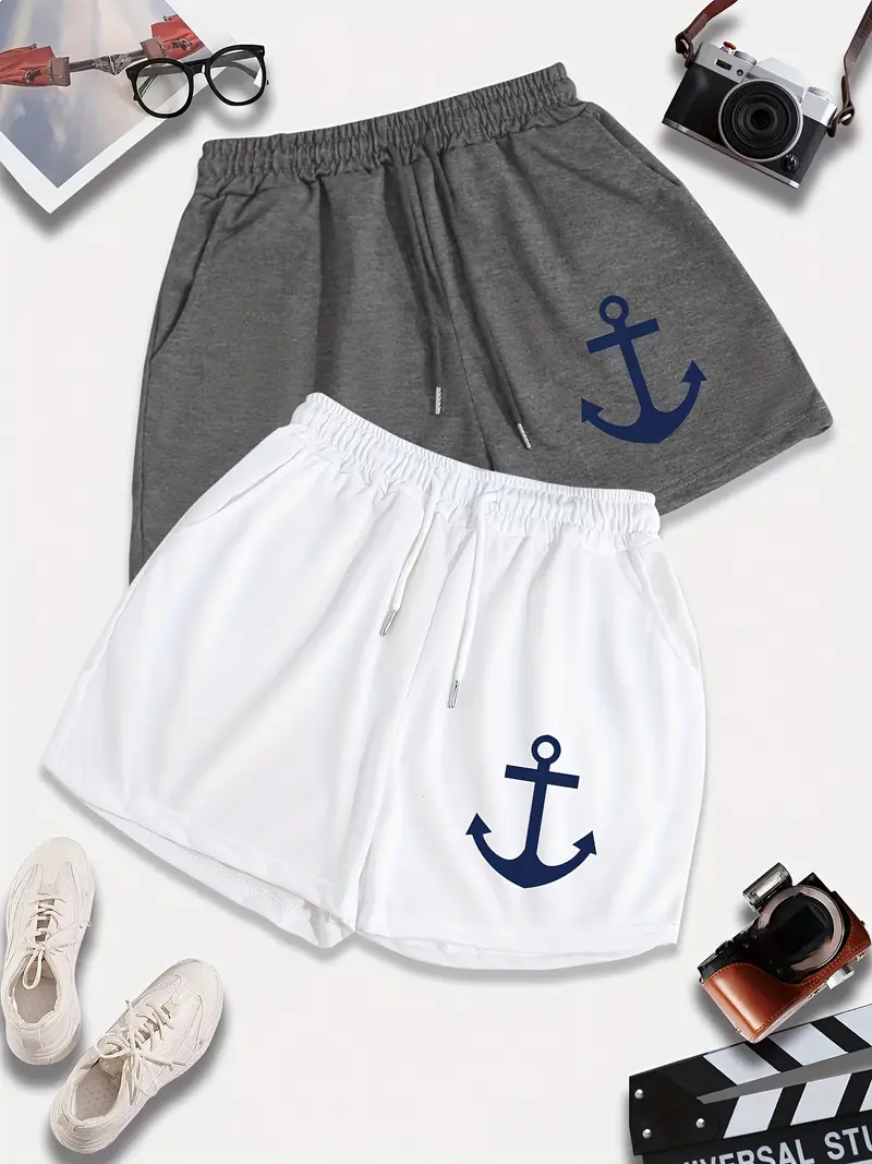 Anchor Print Shorts Plus Size Casual Dual Pockets Drawstring Temu