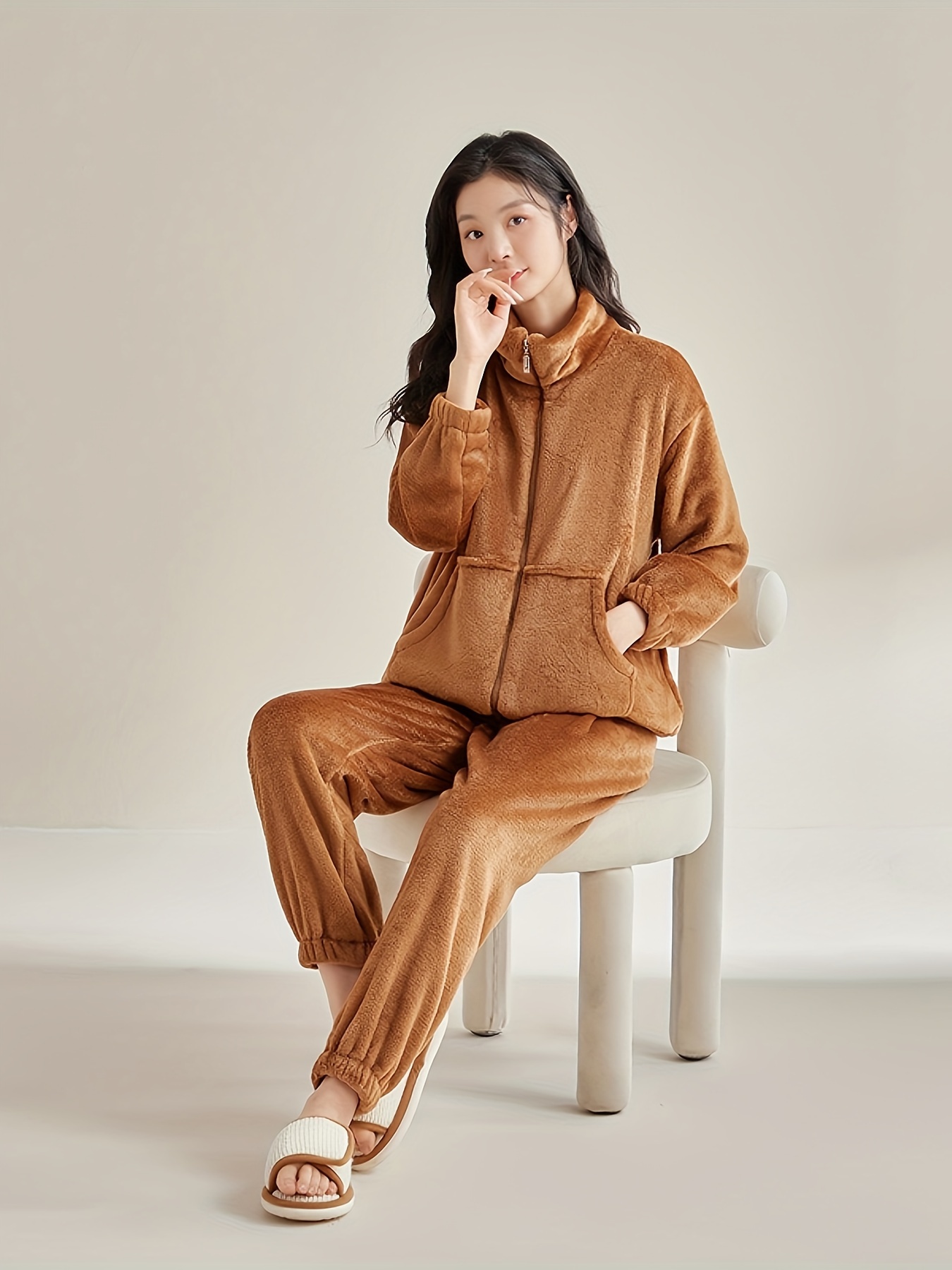 Casual Solid Plush Thickened Lounge Set Long Sleeve Zipper - Temu Canada