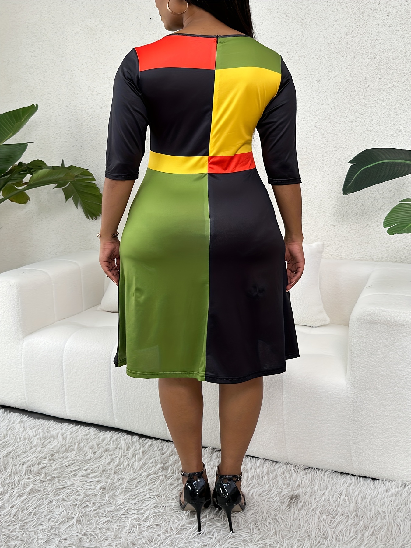 Plus Size Colorblock Print Dress Casual Crew Neck - Temu Canada