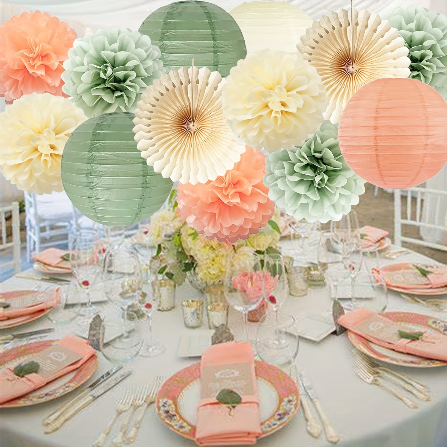 Party Decor Set Cream Peach Paper Lanterns Fans - Temu
