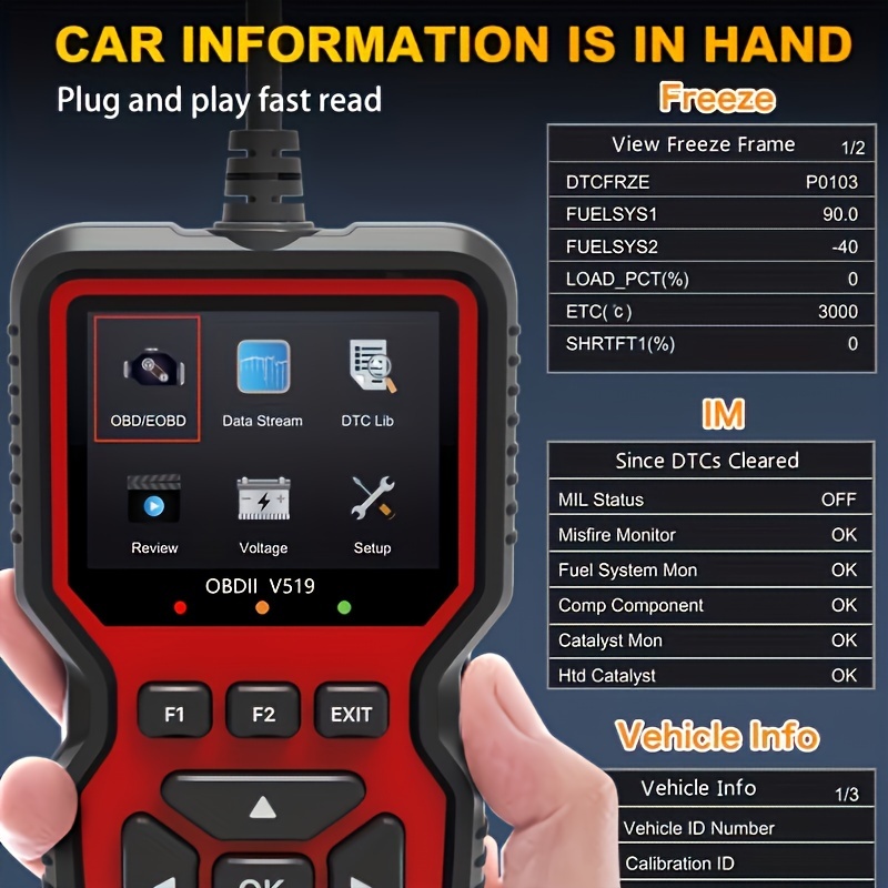 V519 차량 진단 스캐너 Obd2 실시간 데이터 엔진 오류 코드 및 배터리 테스터 프린트 최고의 Temu