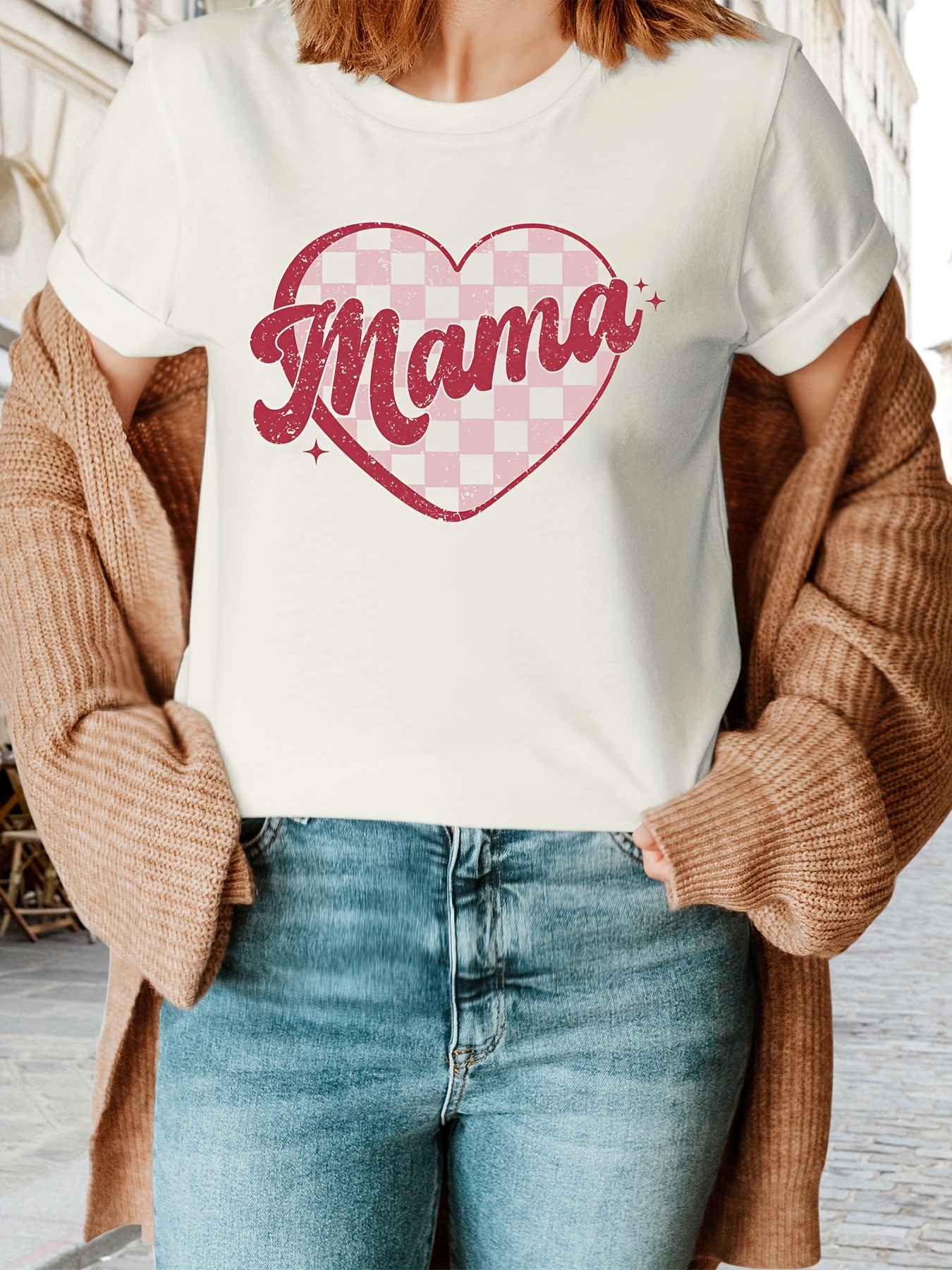 Heart Mama Letter Print T shirt Casual Crew Neck Short - Temu Portugal