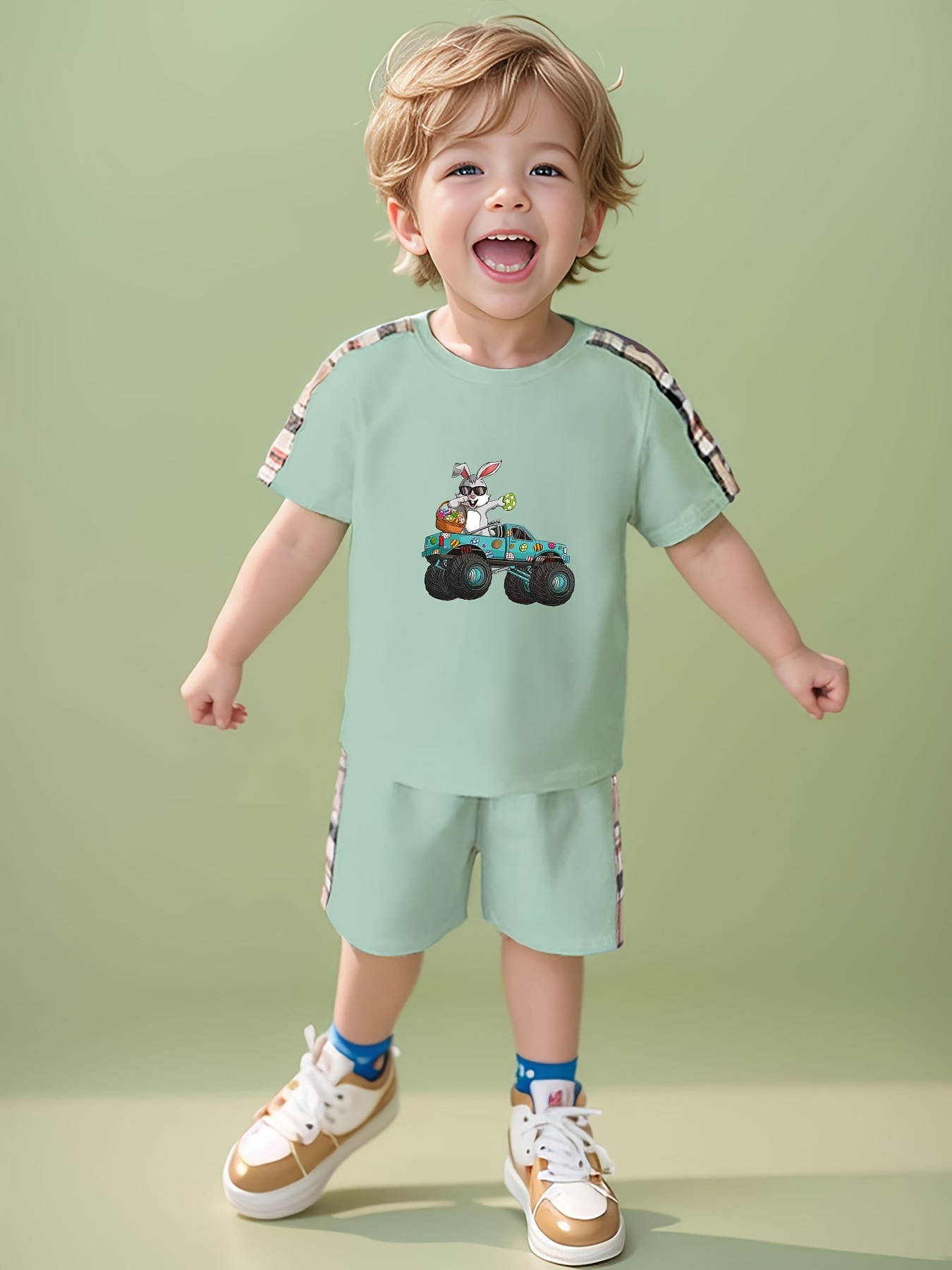 Cartoon Bunny Monster Truck Print Cotton Outfit Baby Boys - Temu Australia