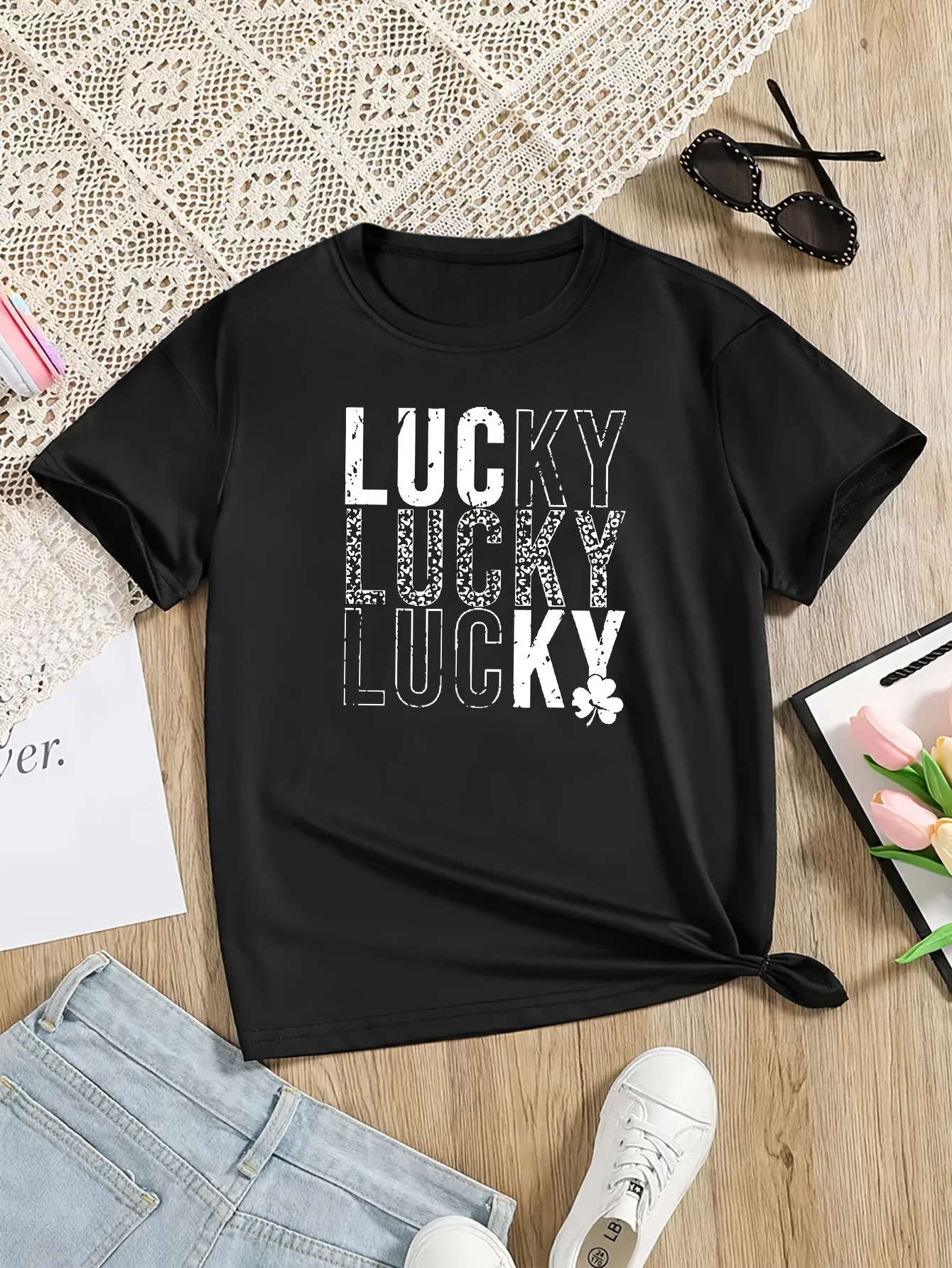 Loose T shirts Top Clothes Lucky Clover Graphic Print Girls - Temu ...