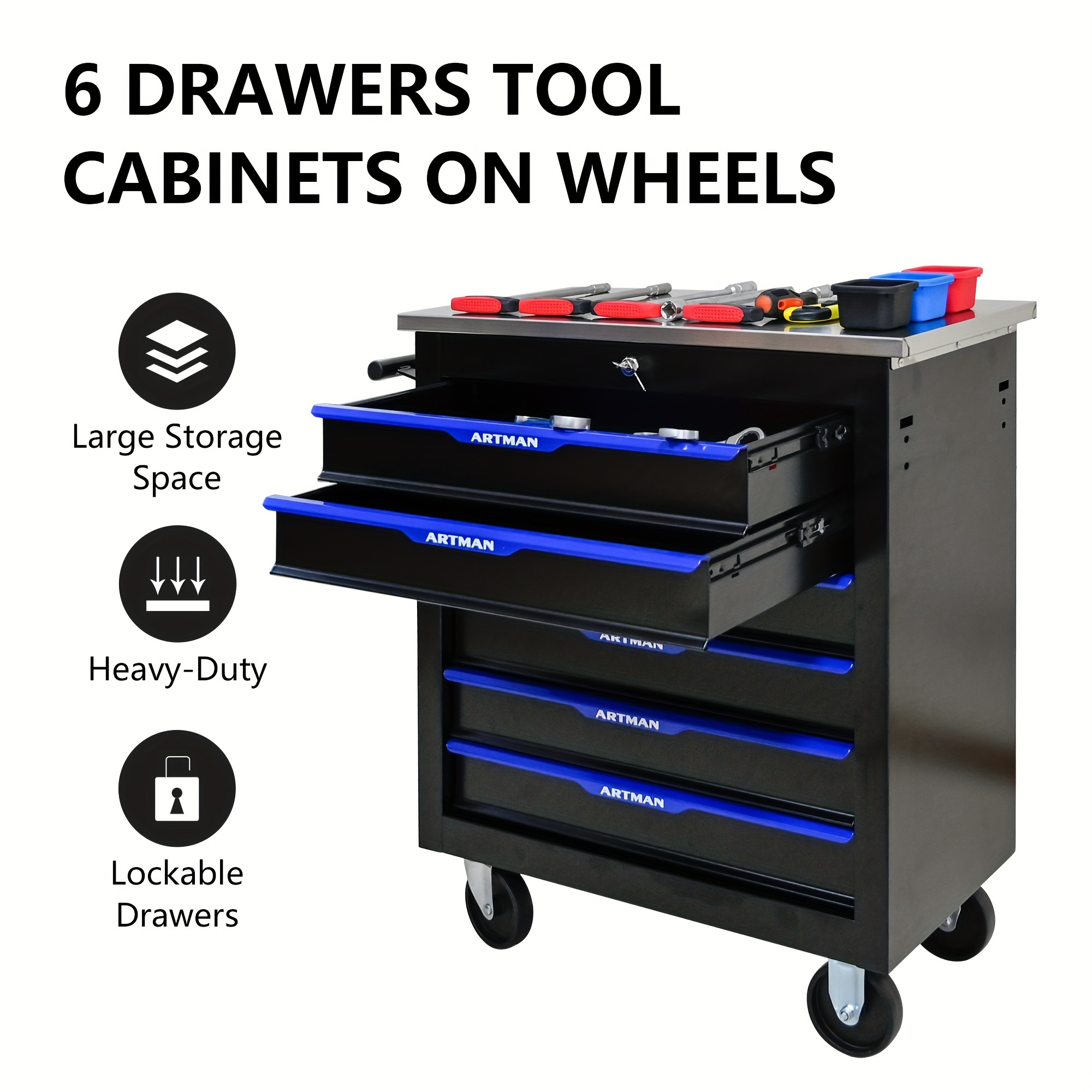 6 drawer Meatl Rolling Tool Chest Wheels Tool Storage - Temu