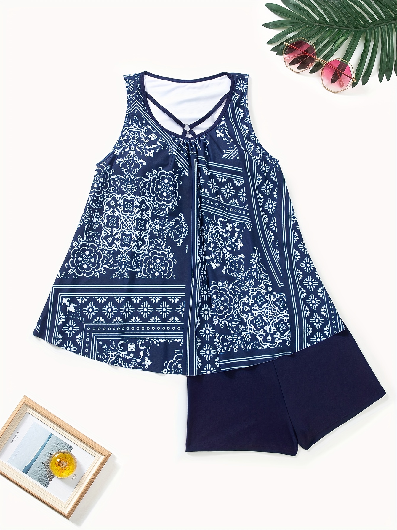 Geometric Print Boho Style Tankini Sleeveless Round Neck - Temu Canada