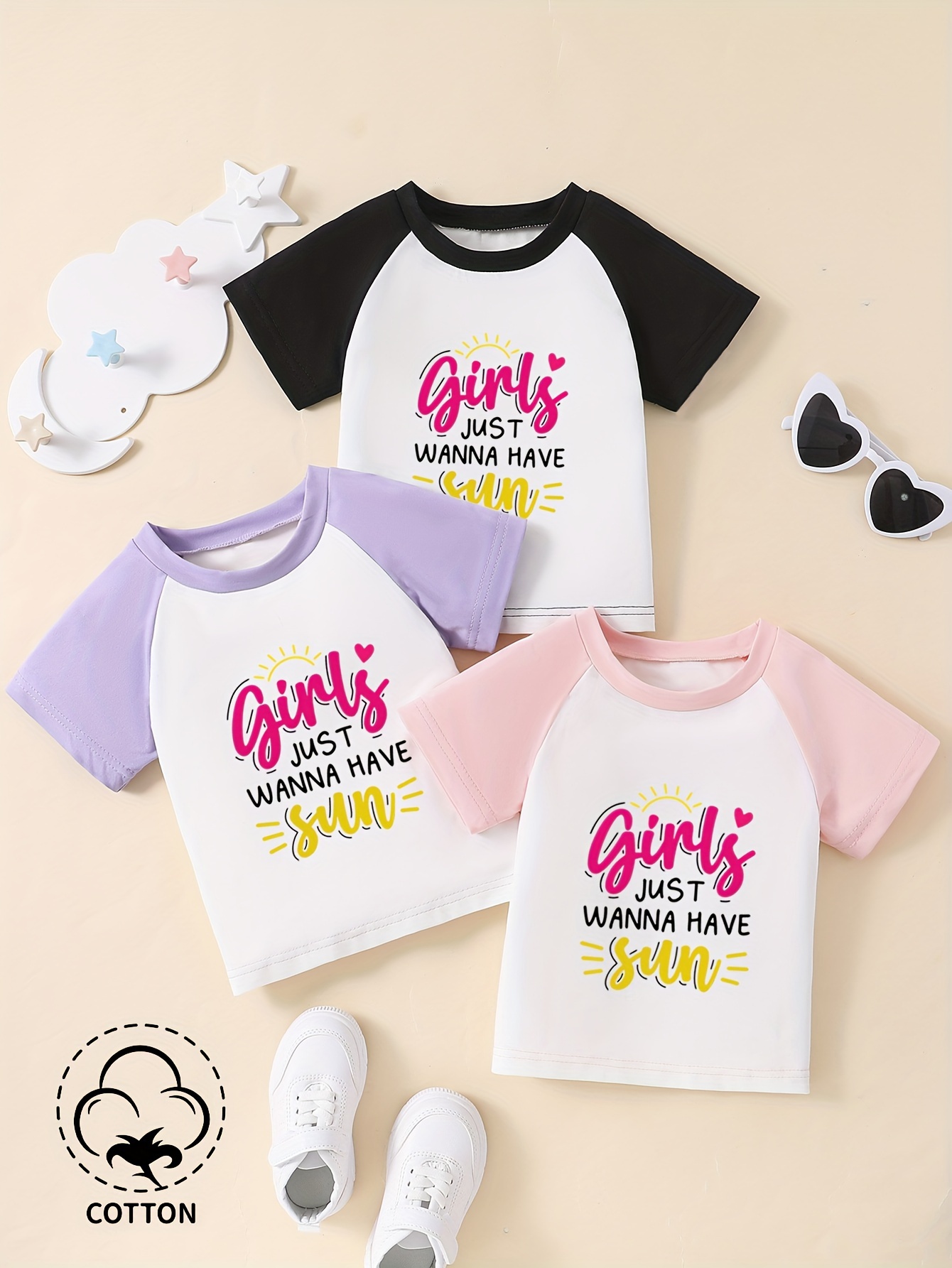 Girls 95% Cotton Splicing Girls Wanna Fun Print Short Sleeve - Temu ...