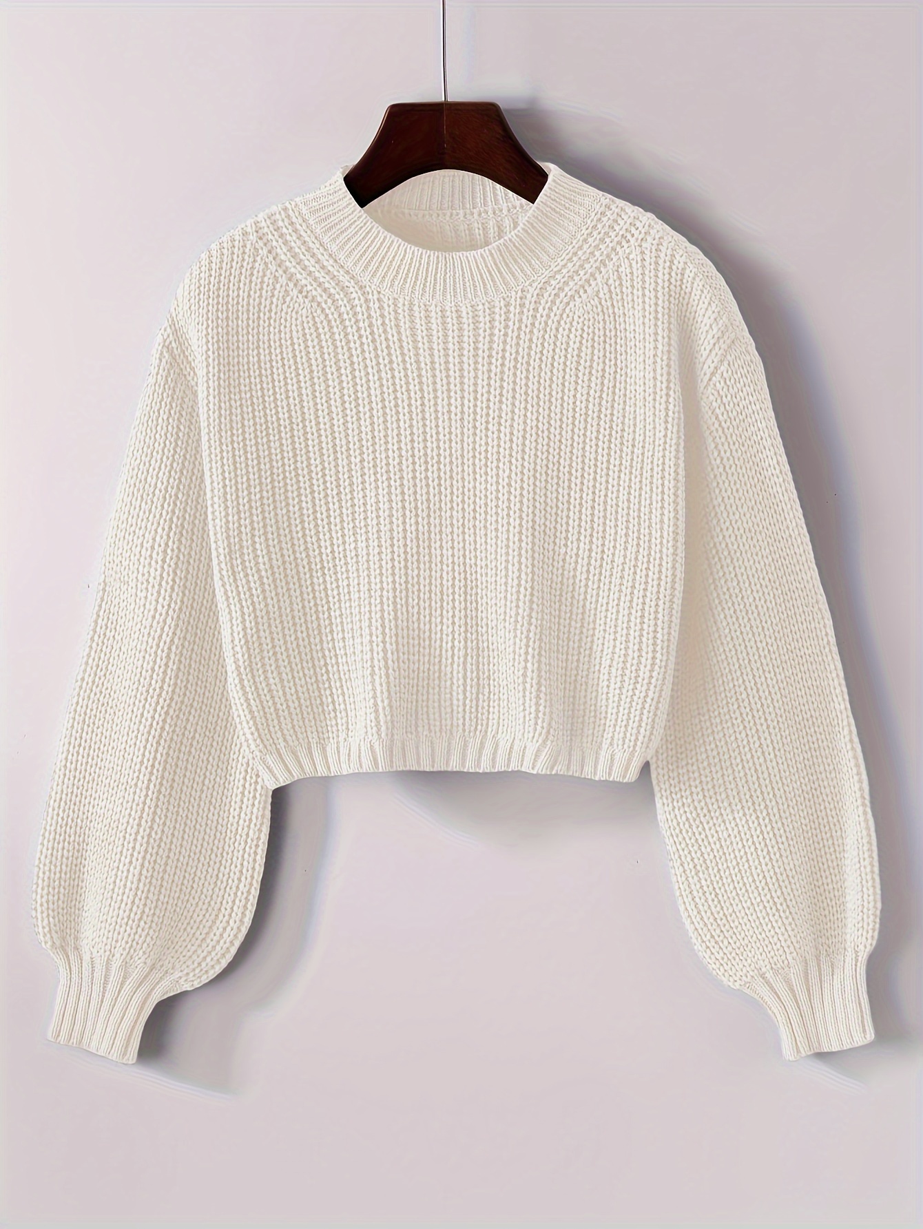Solid Crew Neck Crop Sweater Casual Lantern Sleeve Comfy - Temu Canada