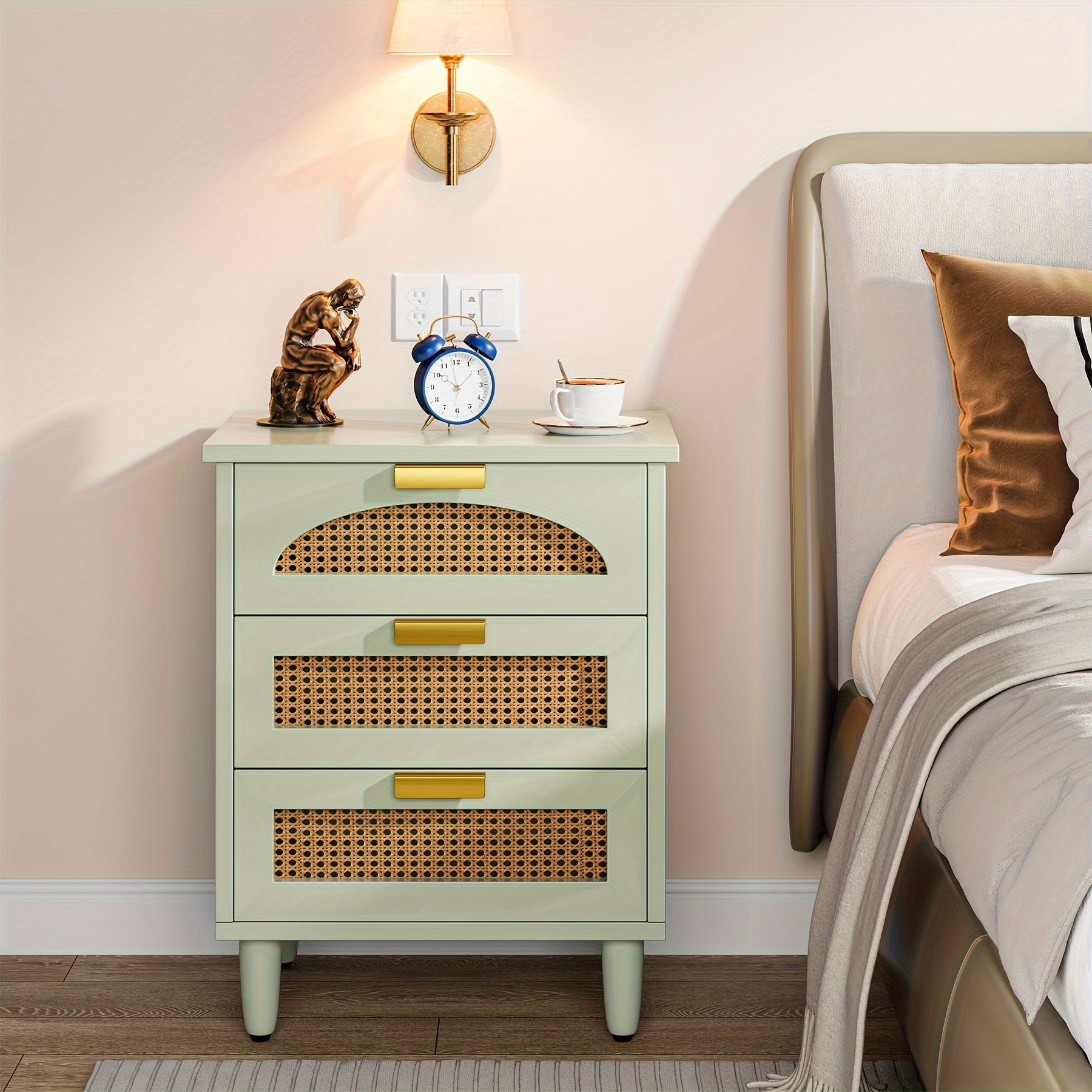 chic mint drawer rattan nightstand farmhouse style Temu