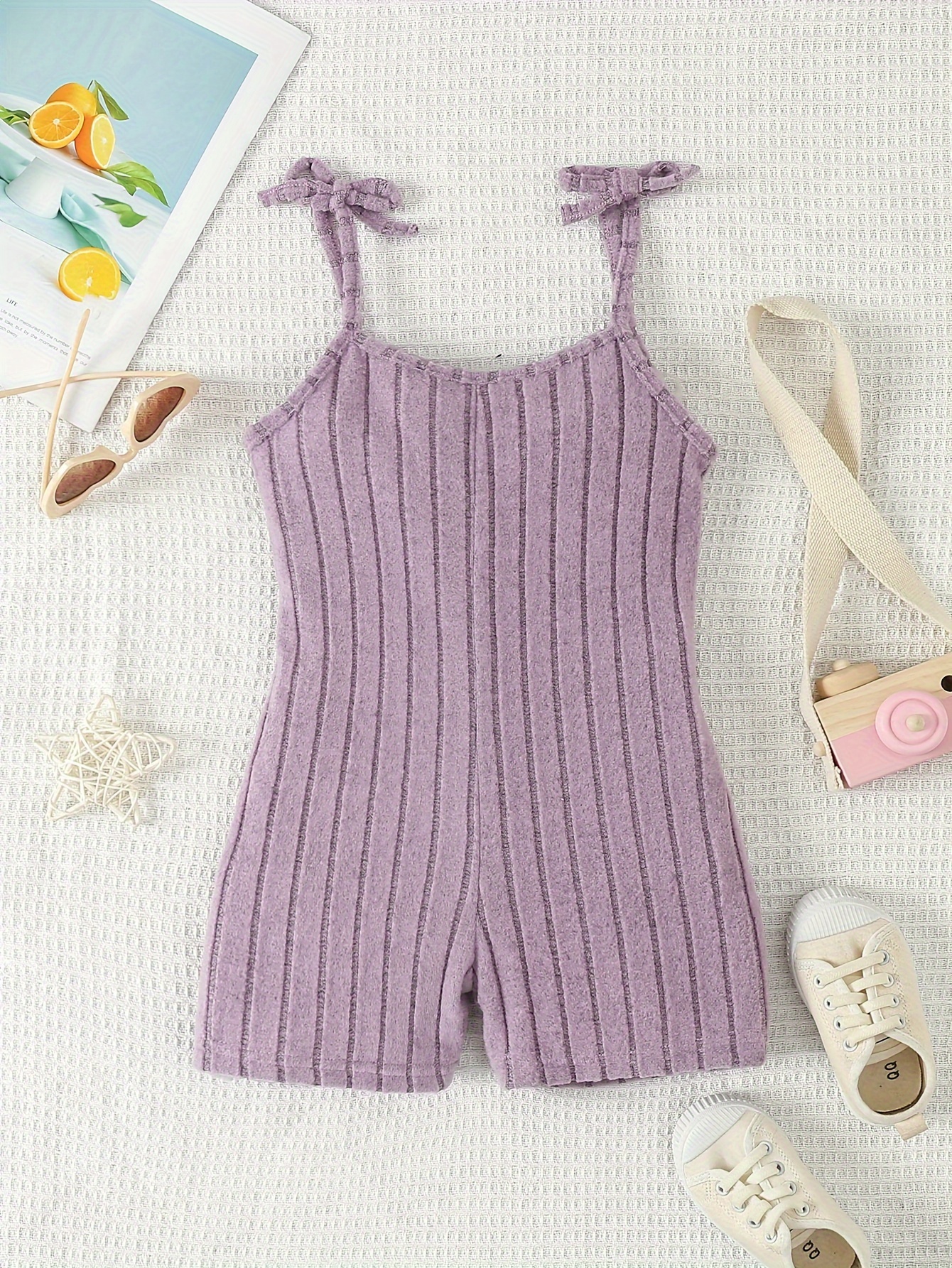Bow Decor Girls Casual Solid Ribbed Cami Jumpsuit Romper - Temu New Zealand