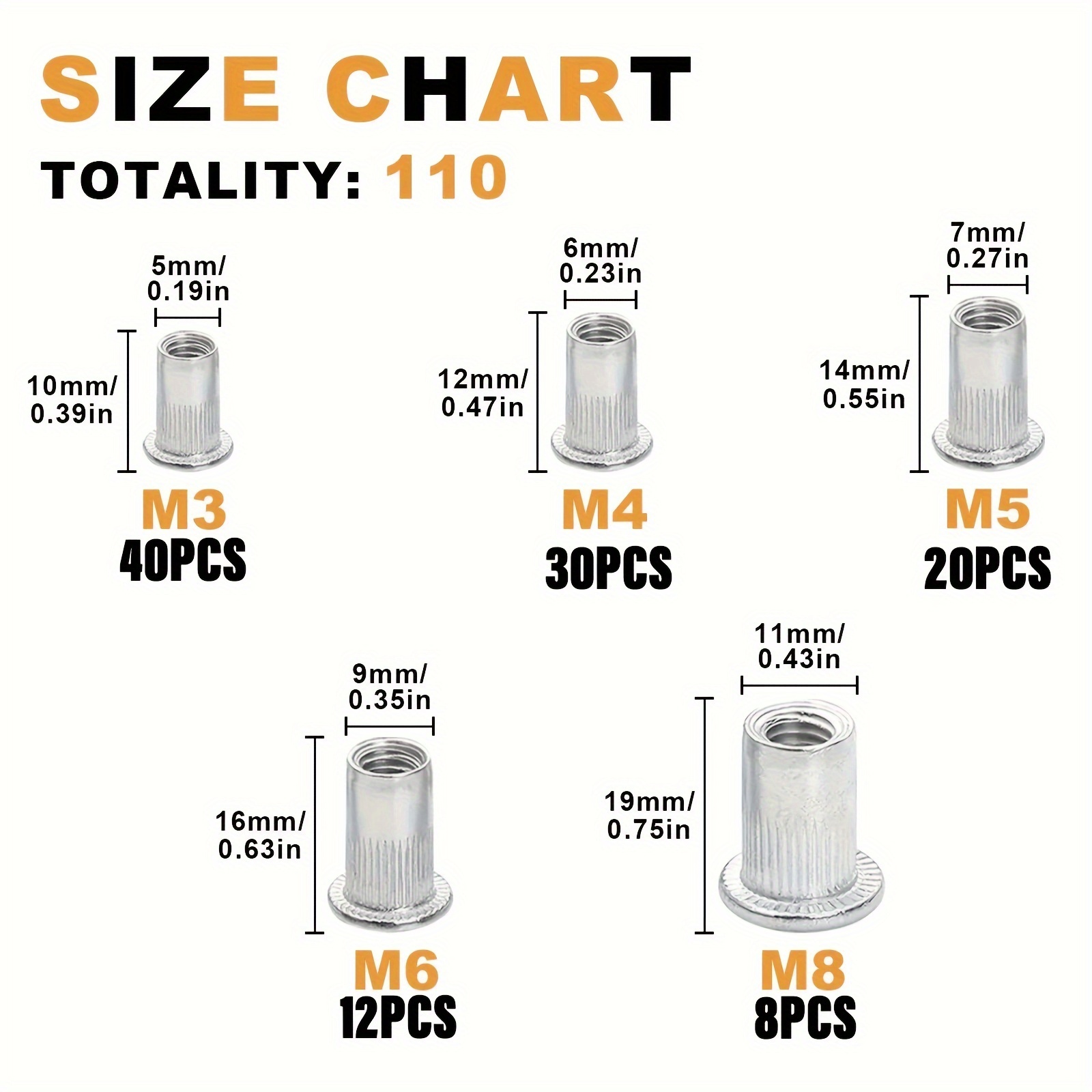 110pcs Aluminum Rivet Nuts Set -m8, Flat Head Knurled Threaded Insert ...