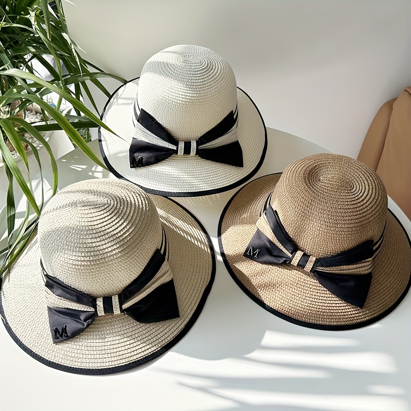 Trendy Black Bowknot Straw Hat Elegant Summer Sun Hats - Temu Australia