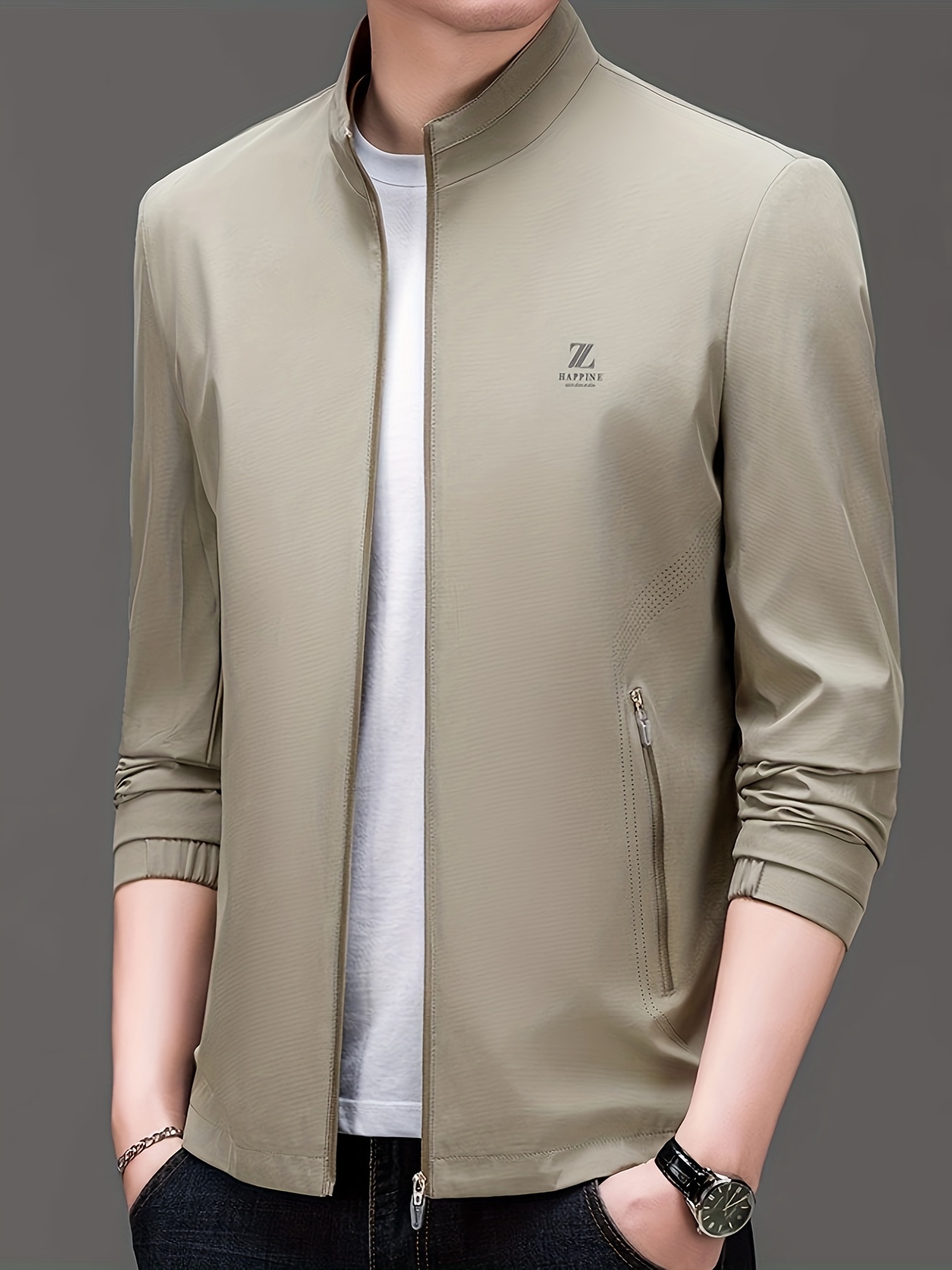 men's casual stand collar jacket 100% polyester solid color men's casual stand collar jacket 100% polyester solid color