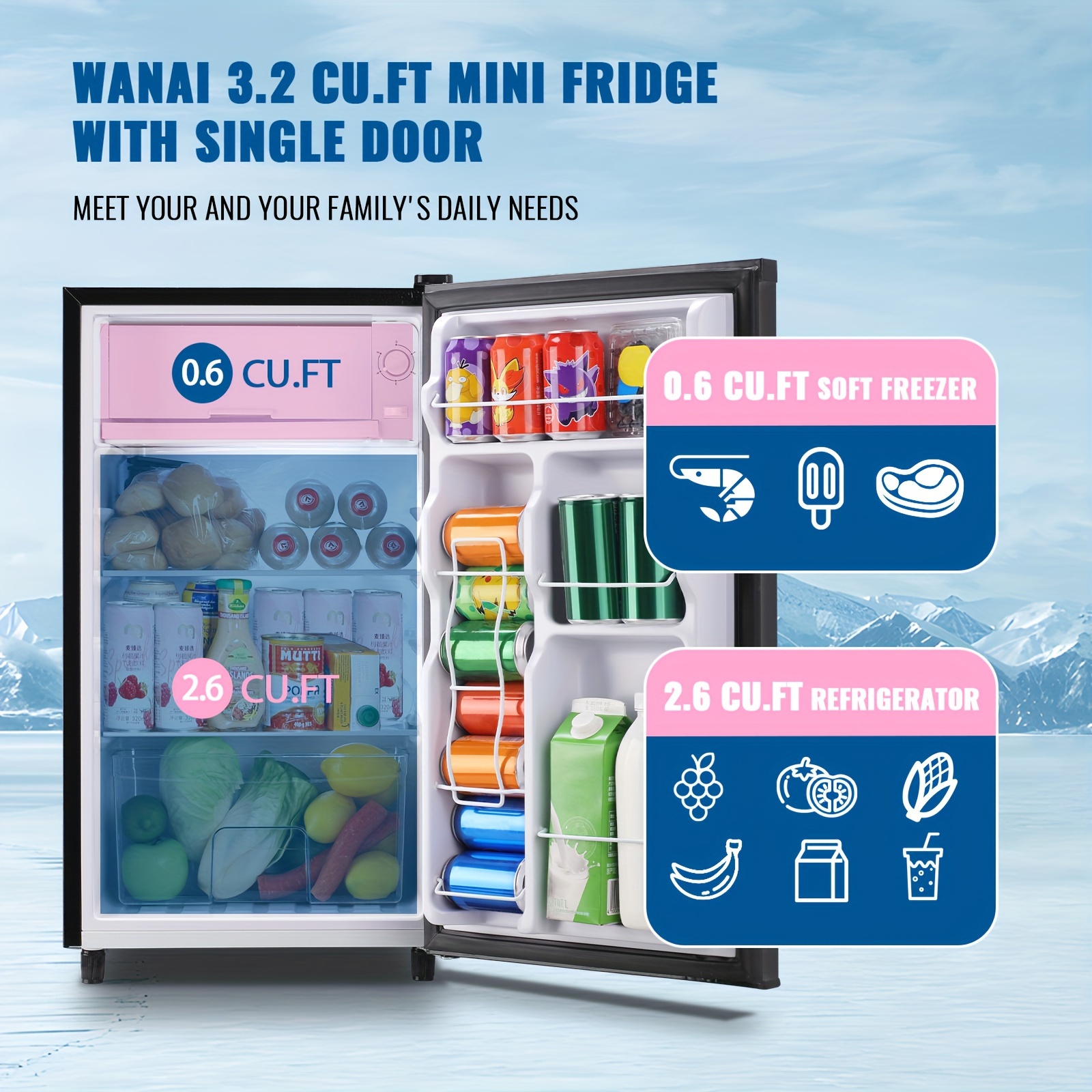 Single Door Mini Fridge With Crisper Drawer MANASTIN 3.2 Cu.Ft Mini ...