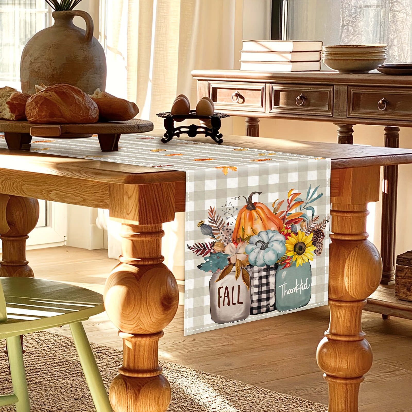 Thanksgiving Table Runner Sunflower Pumpkin Buffalo Plaid - Temu