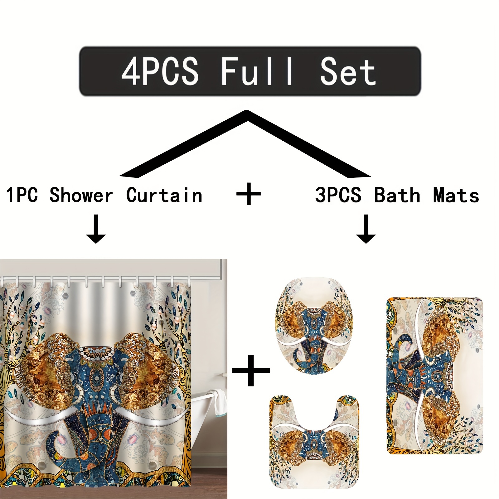 Shower Curtain Set Boho Elephant Pattern Waterproof Shower - Temu Australia