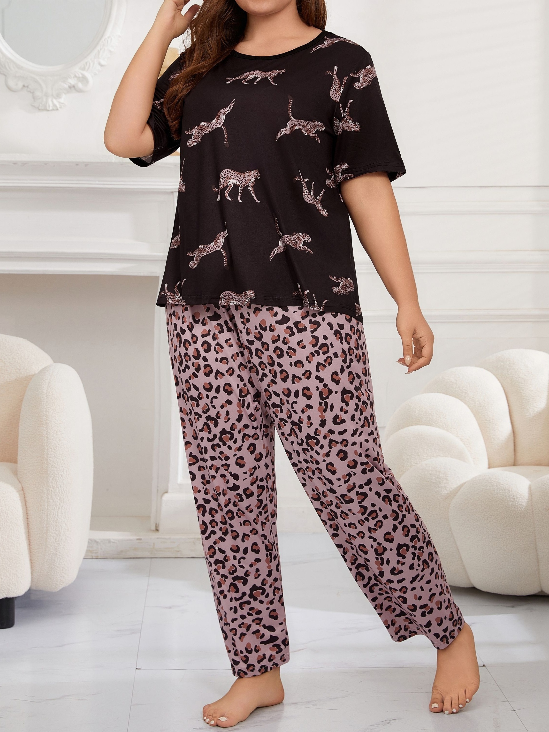 Plus Size Retro Pajamas Set Women's Plus Leopard Print Short - Temu ...