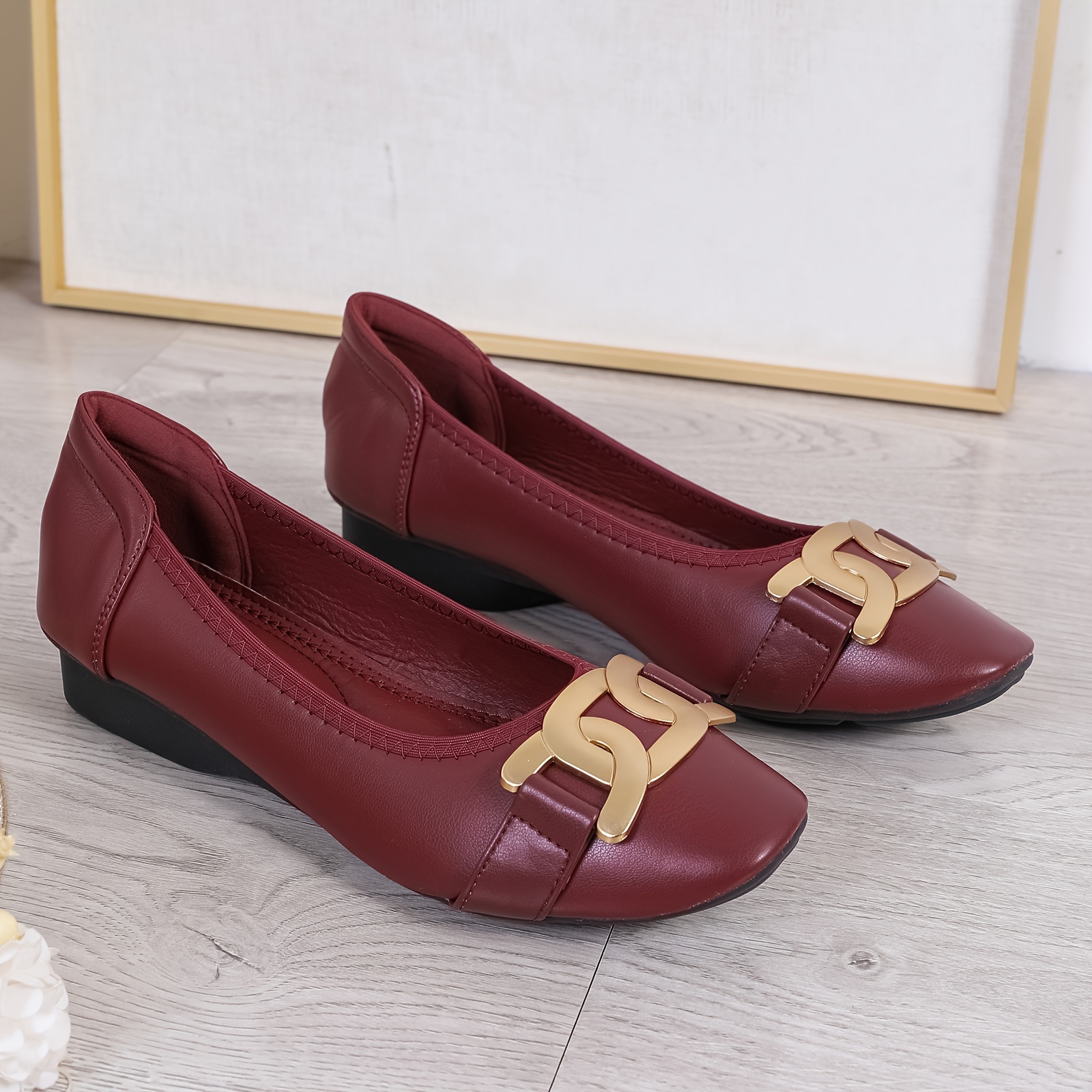 Women s Chain Decor Flat Shoes Elegant Square Toe Slip Shoes - Temu ...