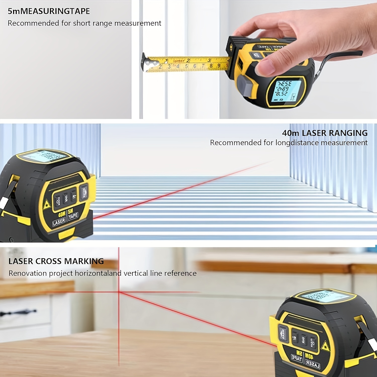 3 In 1 Digital Laser Tape Measure 197ft 60m Infrared Laser - Temu