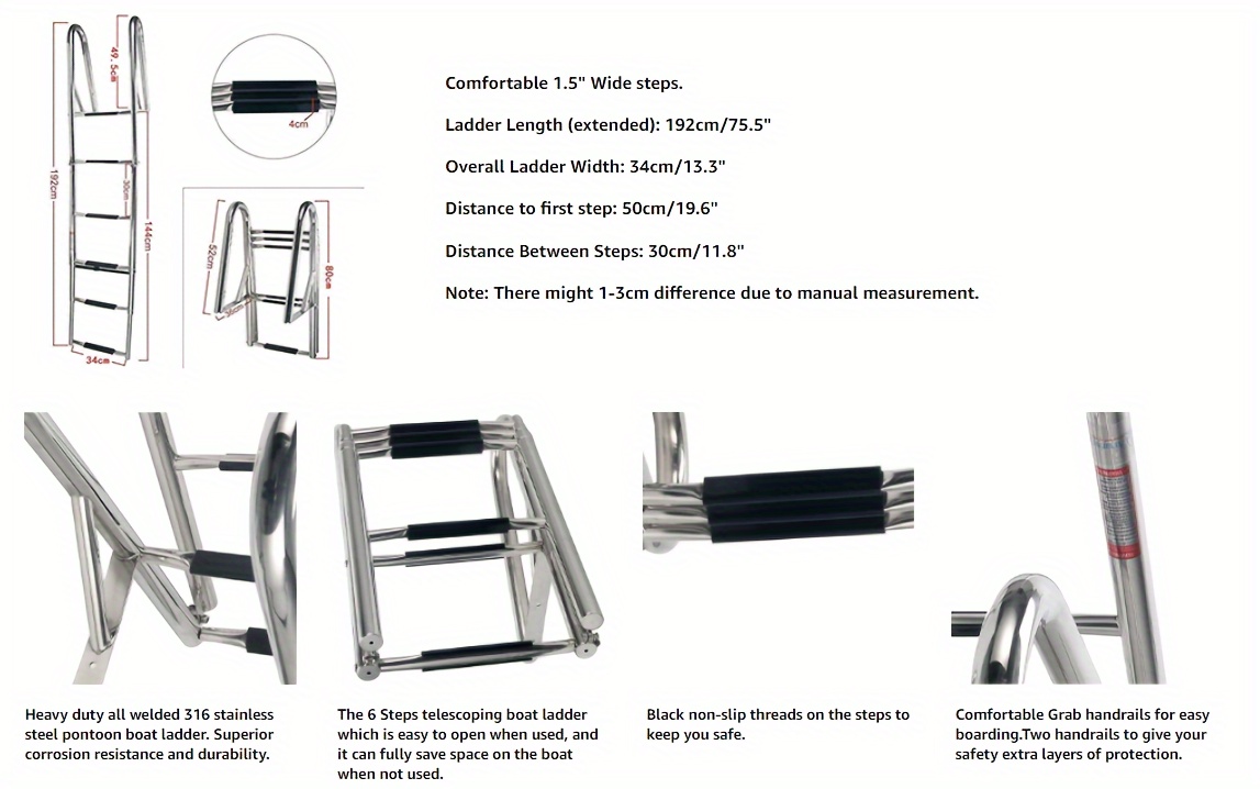 6 Step Stainless Steel Dock Boat Ladder Marine Pontoon Heavy Duty ...
