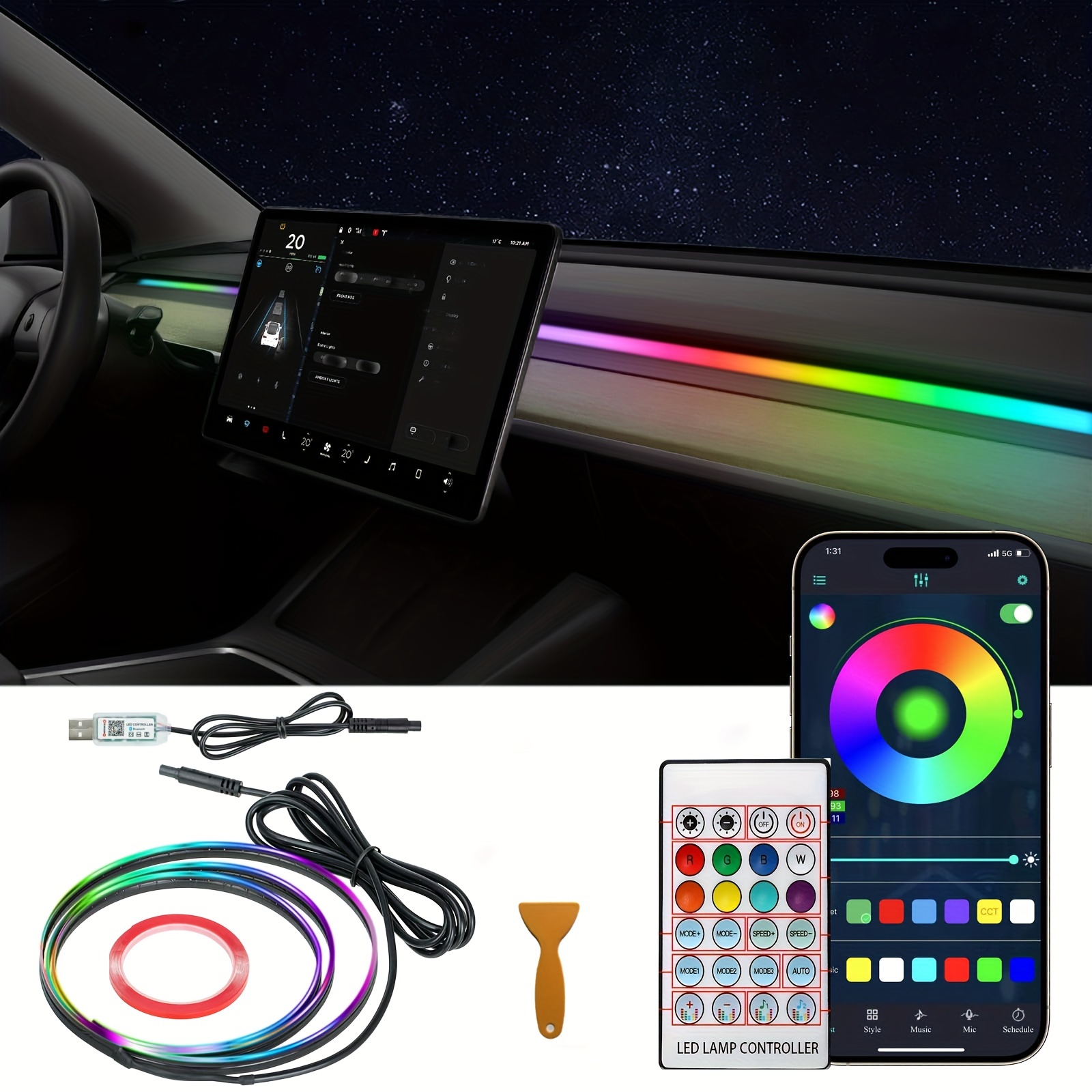 Led Ambient Light Strip Inside Car Remote Control App. Usb - Temu