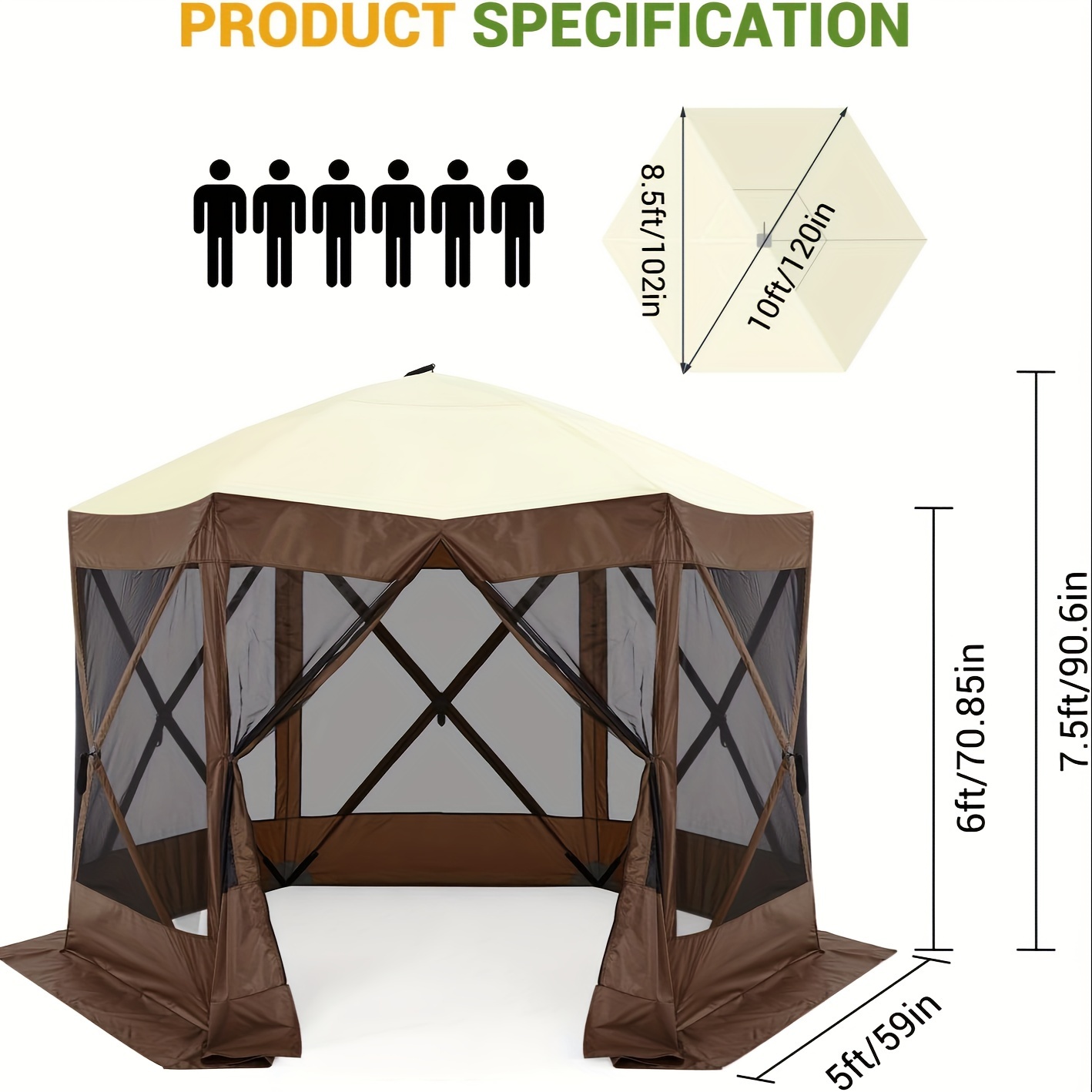 Camping Gazebo Portable Pop Up Canopy Screen Tent 6 Sided With Mesh ...