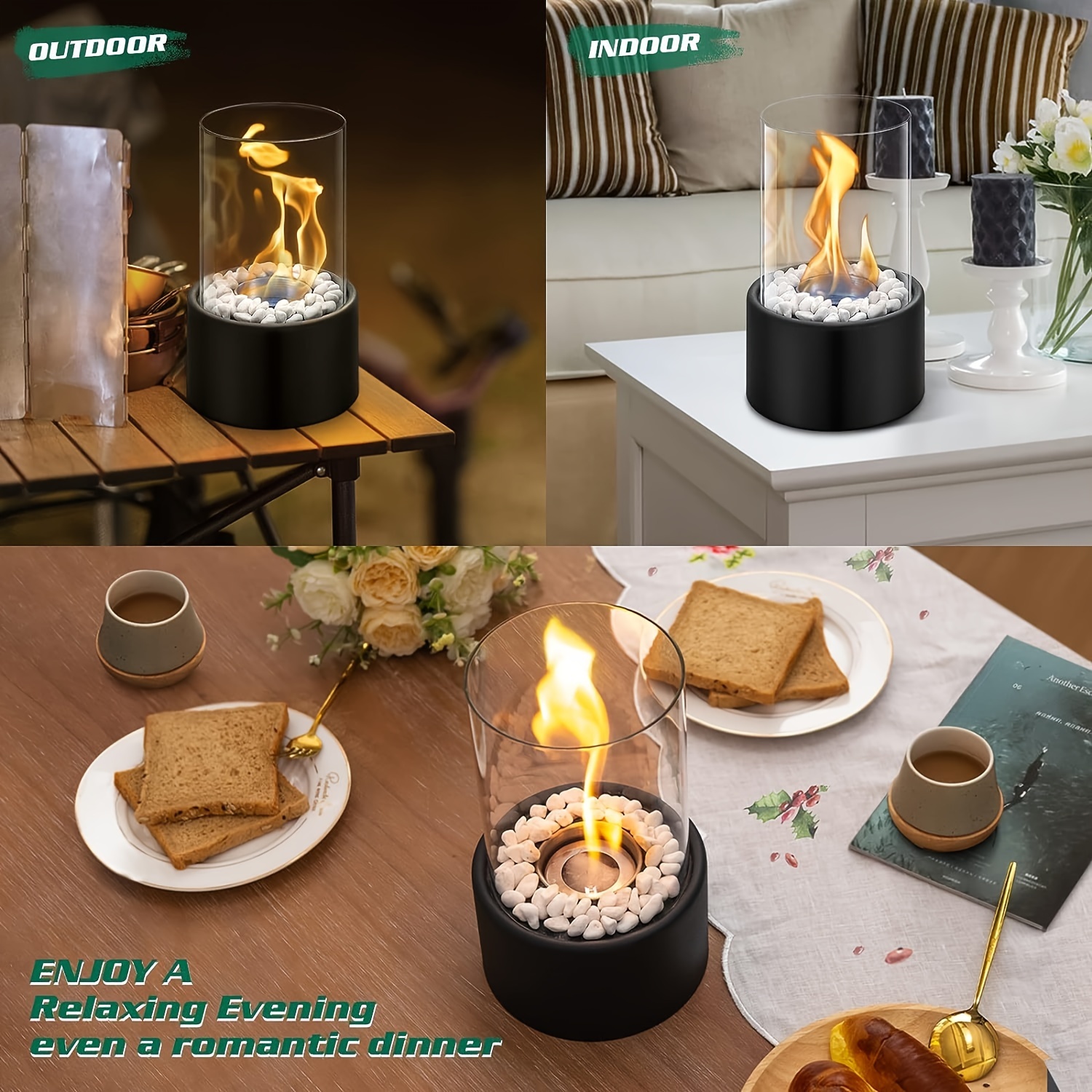 Classic Tabletop Mini Fire Pit Vent Free Personal Fireplace With Glass ...