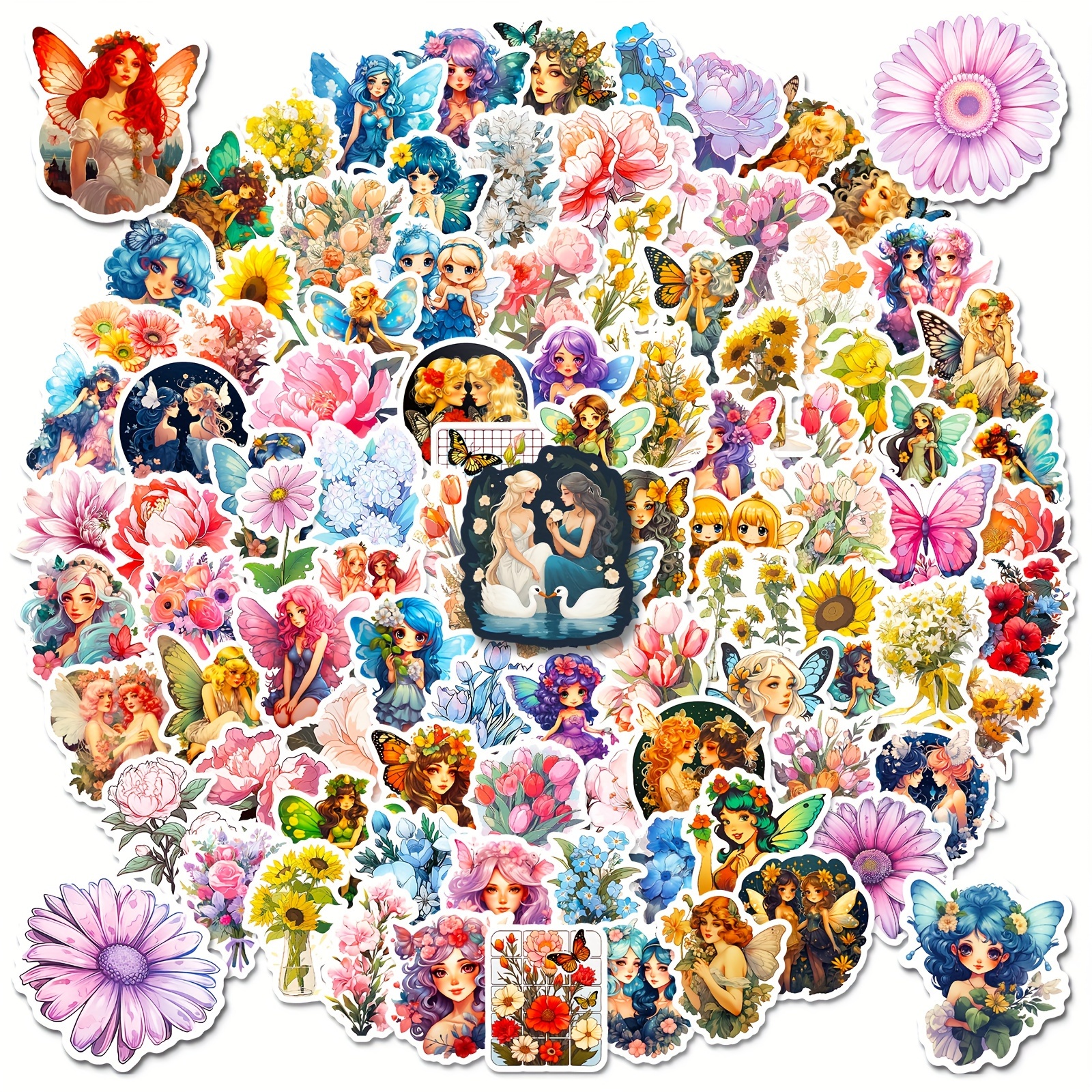 100개 판타지 만화 스티커 컬러풀 나비 And 요정 꽃 저널 및 공예용 재사용 가능 비닐 데칼 불규칙한 모양 14세 이상 요정 스티커 Temu에서 배송되는 상품