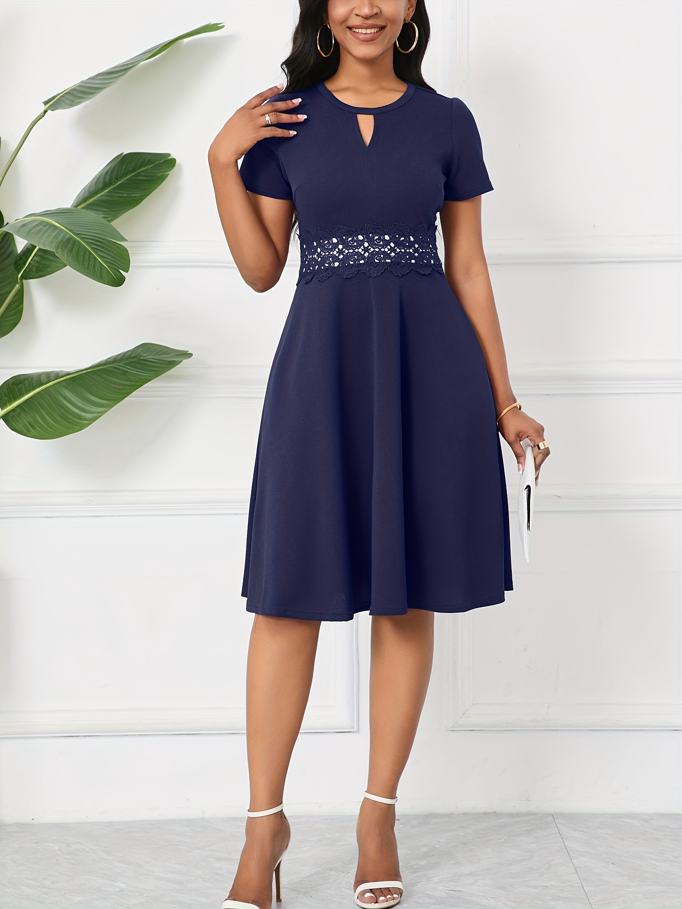 Keyhole Contrast Lace Dress Vintage Short Sleeve A Line - Temu