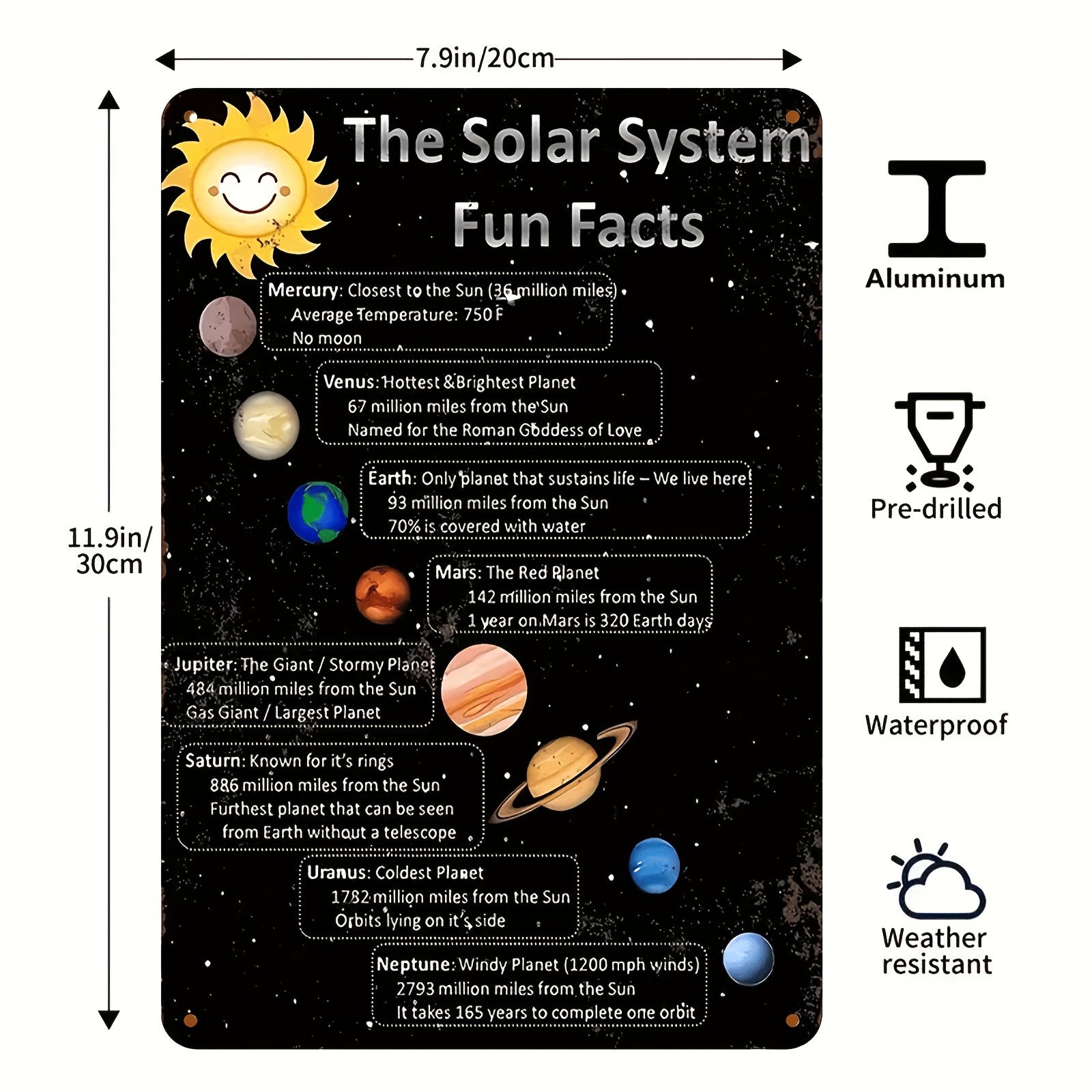Aluminum Solar System Facts Decorative Sign - 20.32cm X 30.48cm Art ...