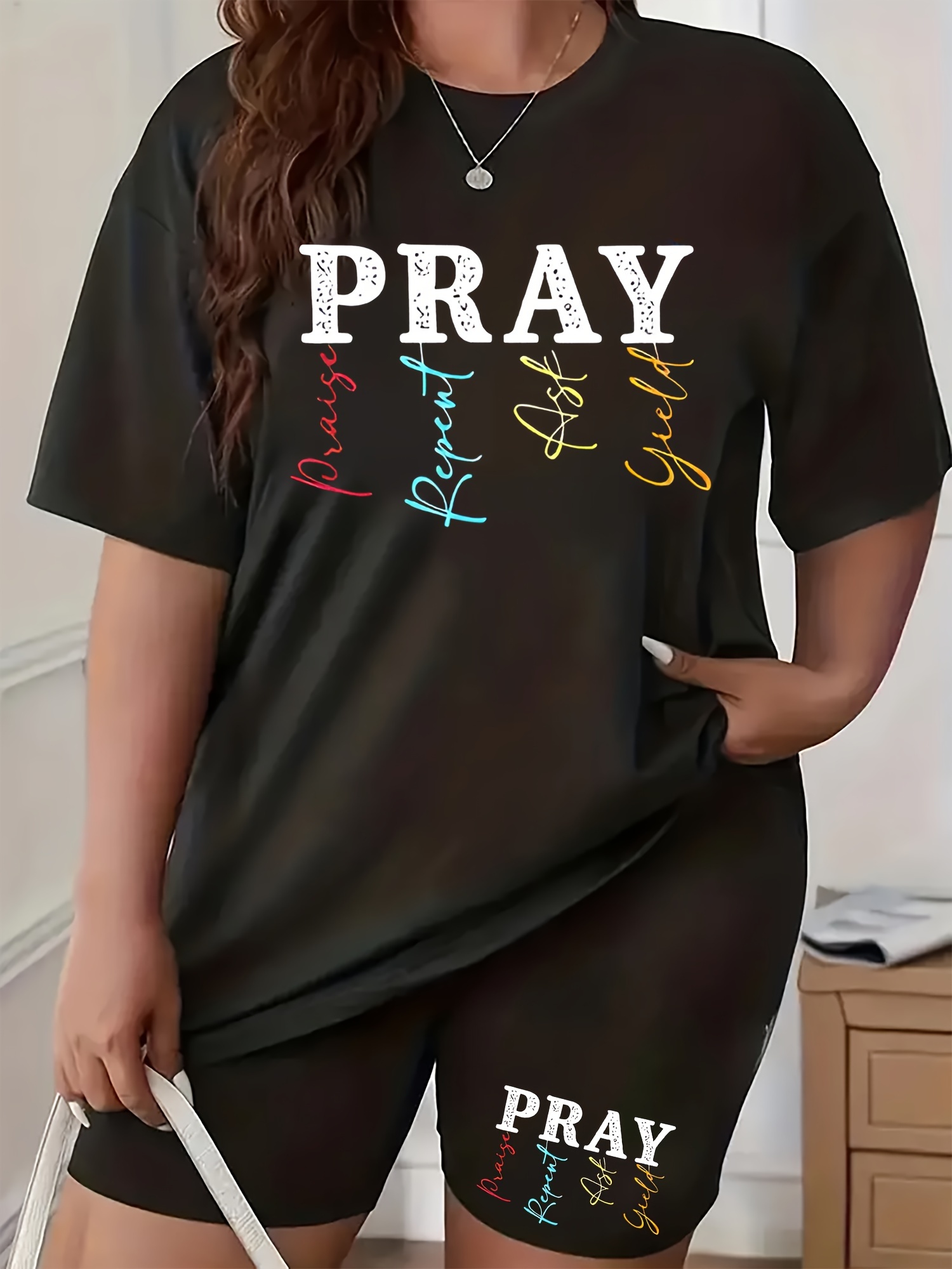 Plus Size Letter Print Two Piece Short Sleeve T Shirt Short Temu