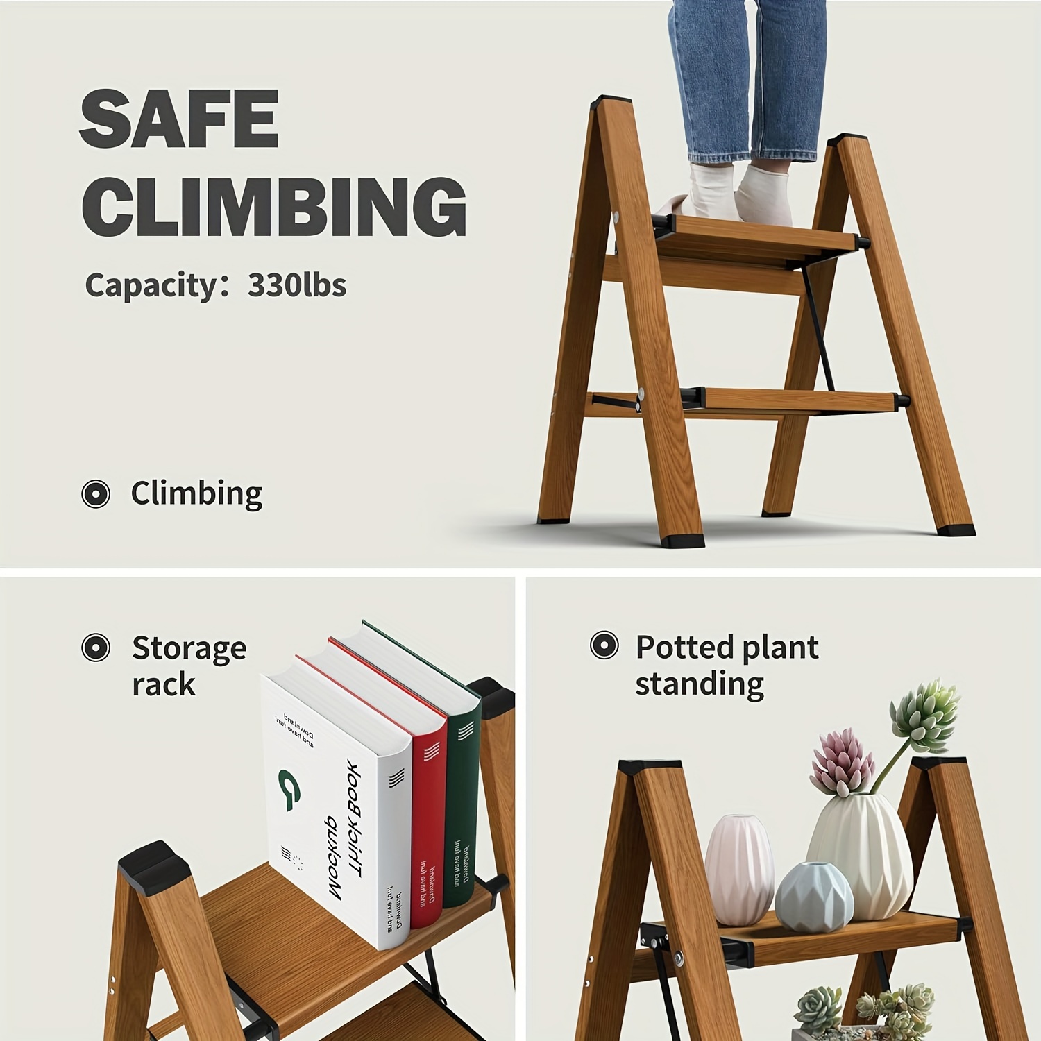 Ladder 2 Step Folding Wood Grain Color Sturdy Adult Step - Temu