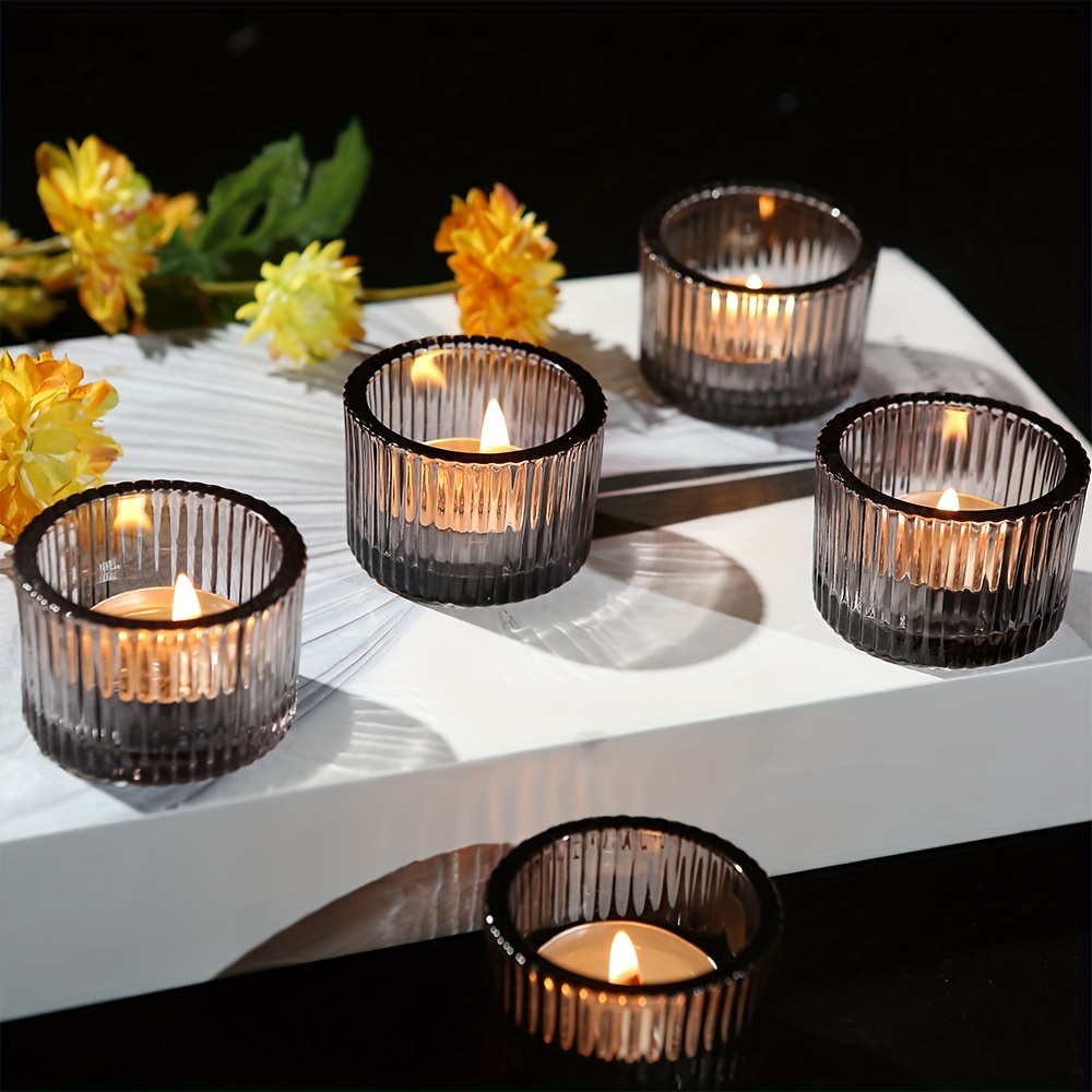 4 12pcs Vertical Stripe Glass Tealight Candle Holders Small Cute Votive ...