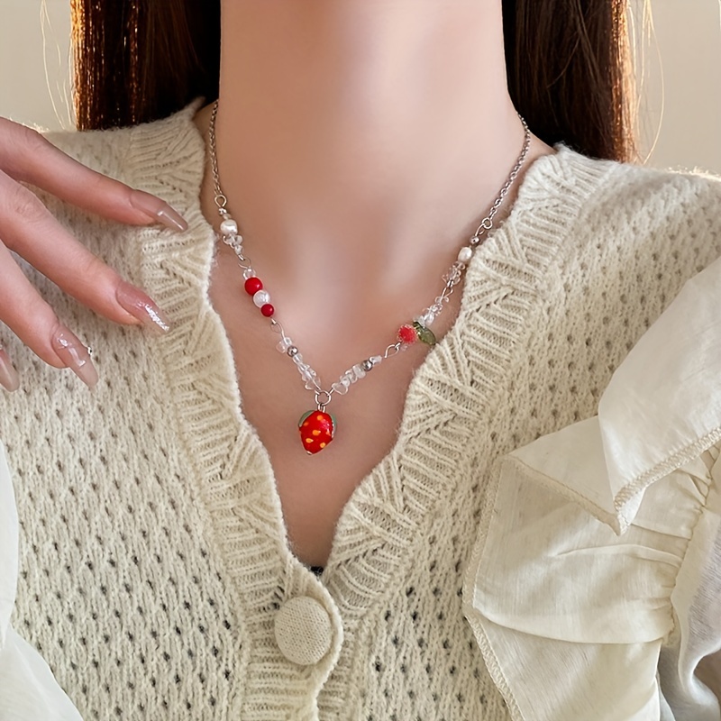 1 Strand Strawberry Pendant Necklace Spring Summer Beaded - Temu New ...