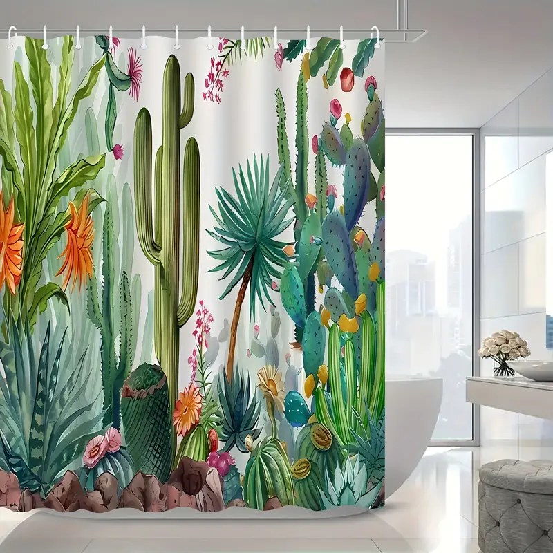 1개 선인장 무늬 샤워 커튼 방수 폴리에스터 원단 12개 고리 포함 욕조 커튼 가정 욕실 장식 칸막이 실내 악센트 기계 세척 가능 다양한 크기 제공 홈