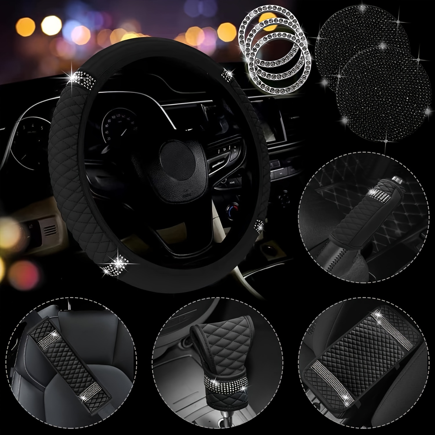 11pcs bling rhinestones leather car accessories set bling steering wheel cover for women center console armrest pad belt cover gear cover coasters full set for car suv temu Temu