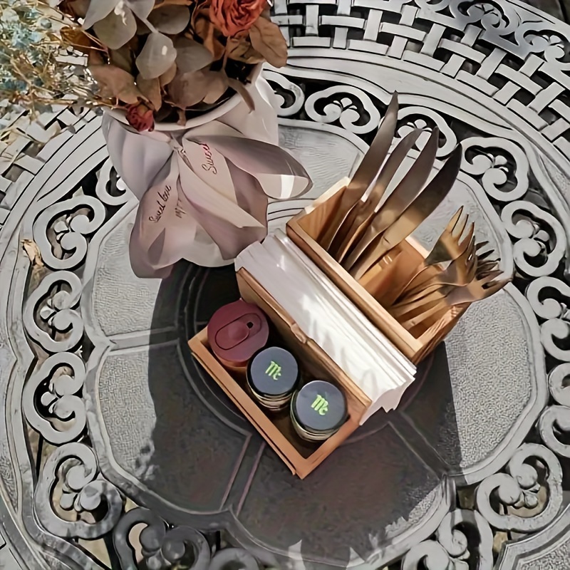 1pc Rustic Wooden Napkin Holder With Salt And Pepper Shakers Storage Grid Table Decor Cutlery Organizer