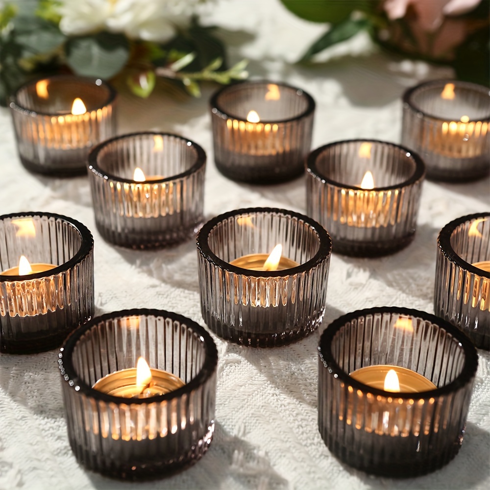 4 12pcs Vertical Stripe Glass Tealight Candle Holders Small Cute Votive ...