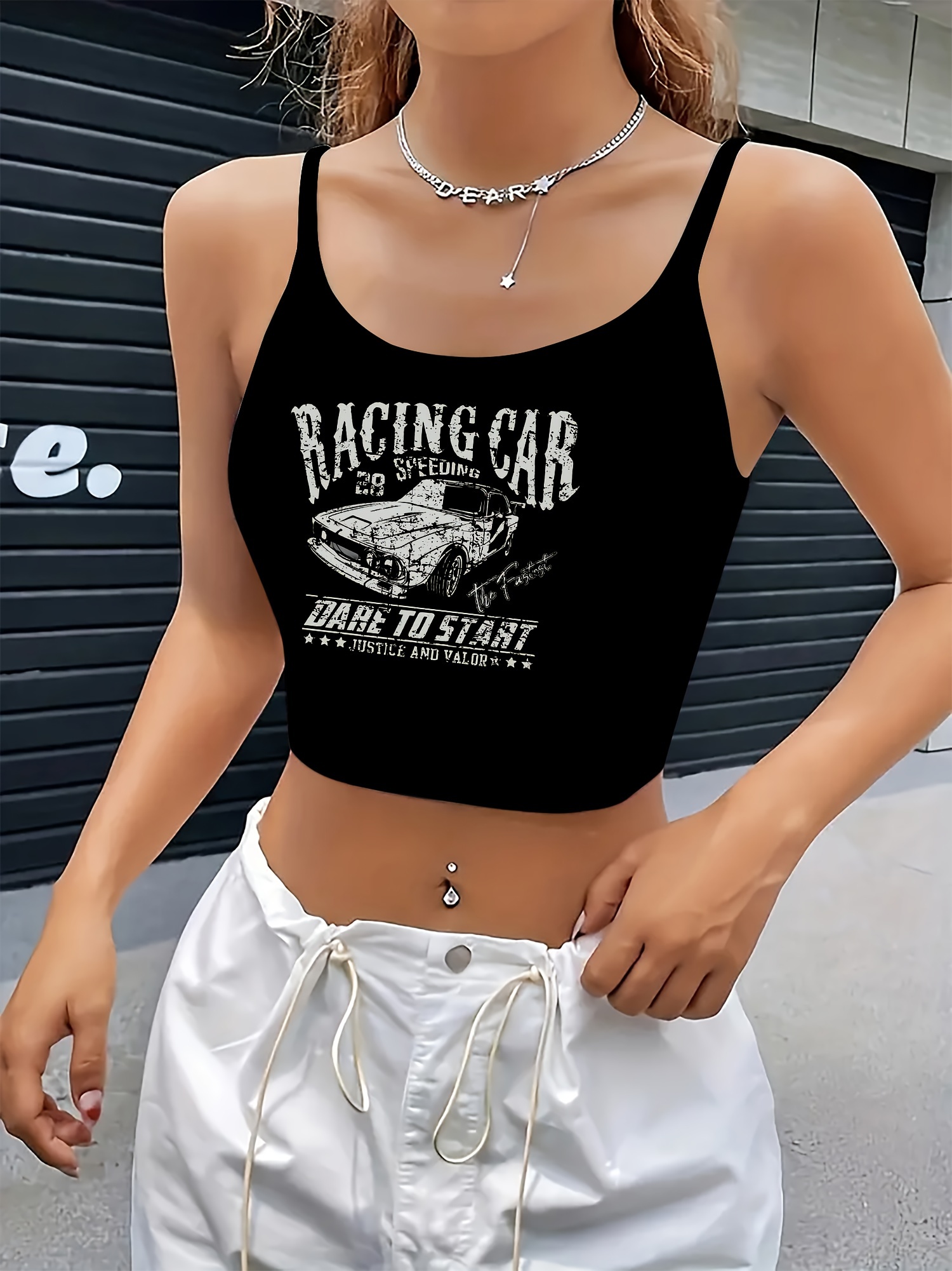 Letter Car Crop Cami Top Y2k Crew Neck Spaghetti Strap Top - Temu Canada