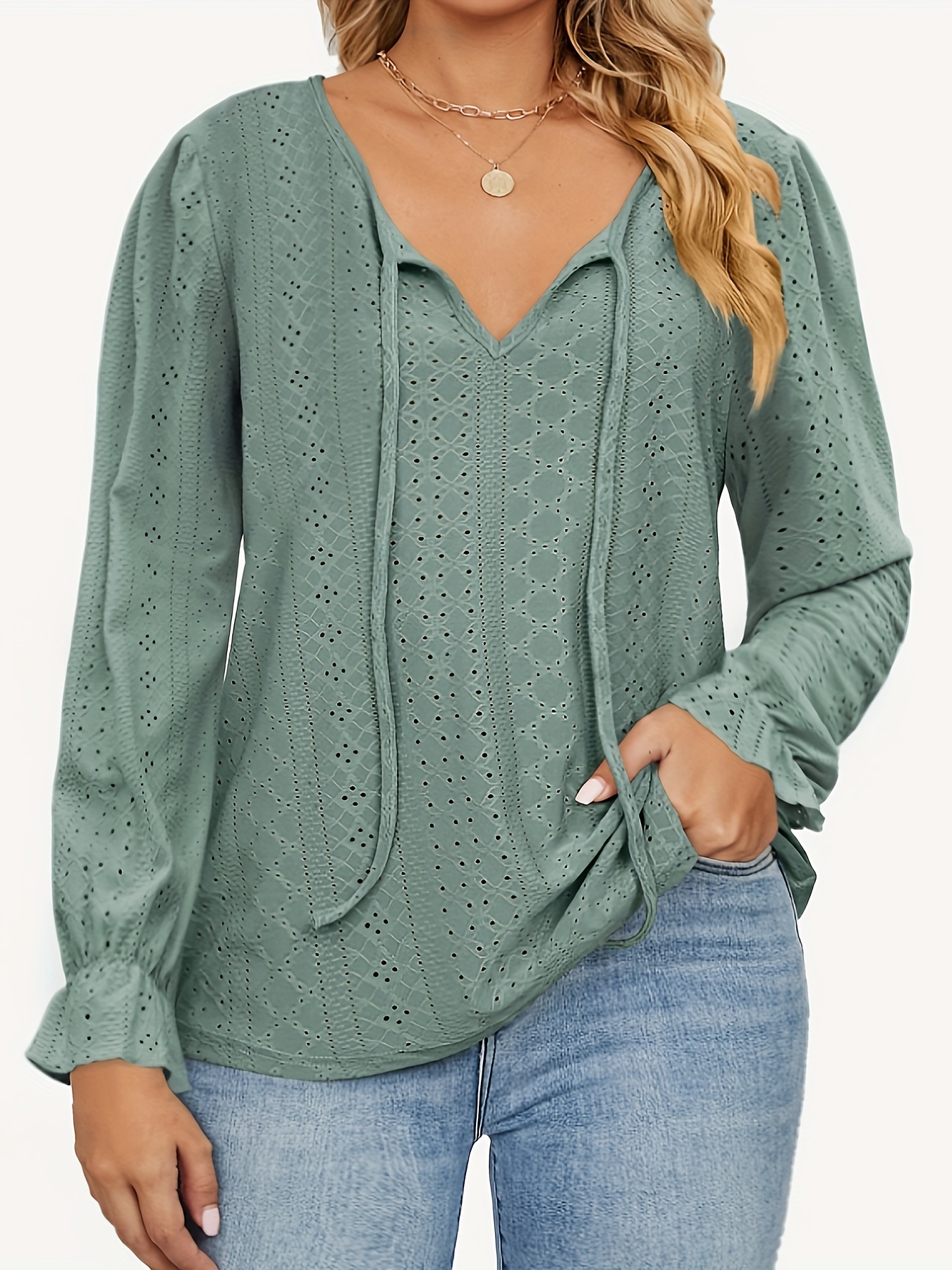 Elegant Top Plus Size Women's Plus Eyelet Embroidered - Temu Canada